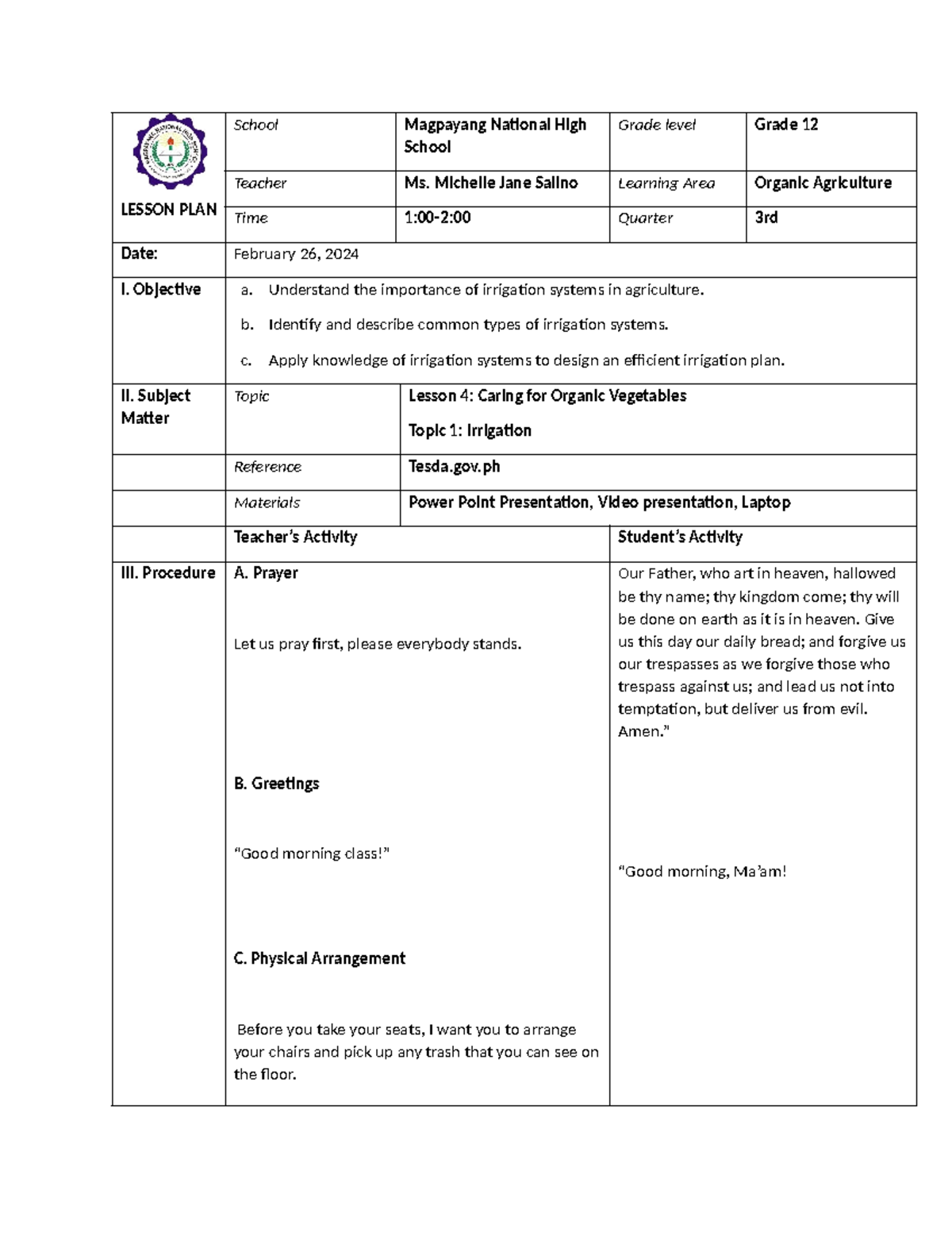Lesson Plan: Irrigation Systems in Organic Agriculture - TVL 12 - Studocu