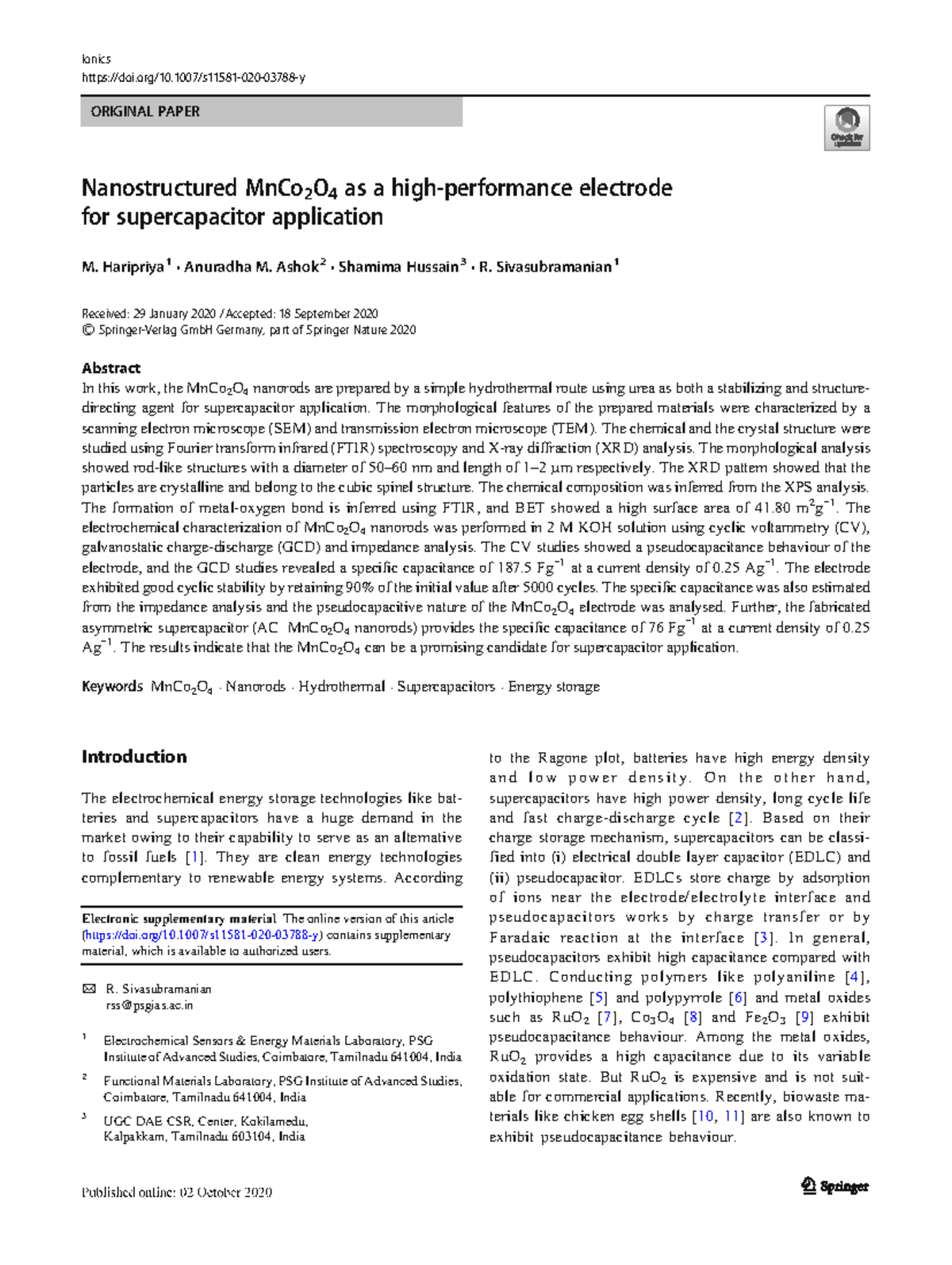 MnCo2O4 Nanorods for Supercapacitor Applications: Synthesis ...