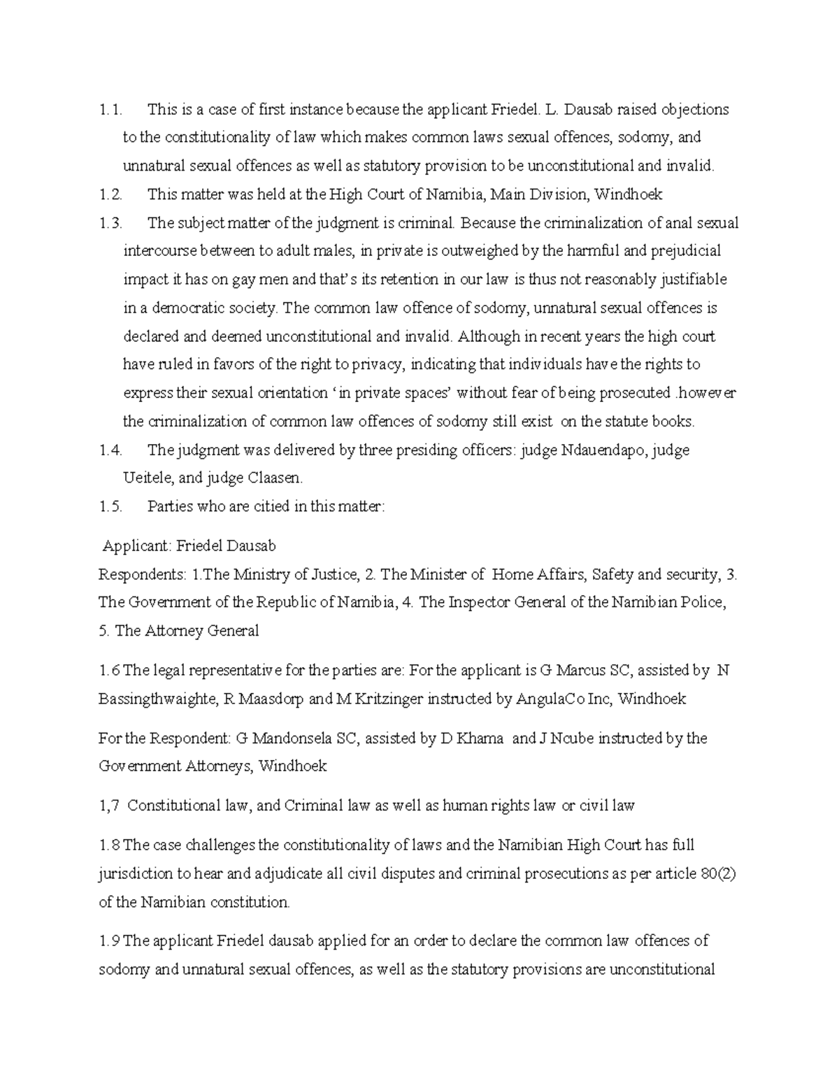 Case Study: Constitutional Challenge on Sodomy Laws in Namibia (LAW 101 ...