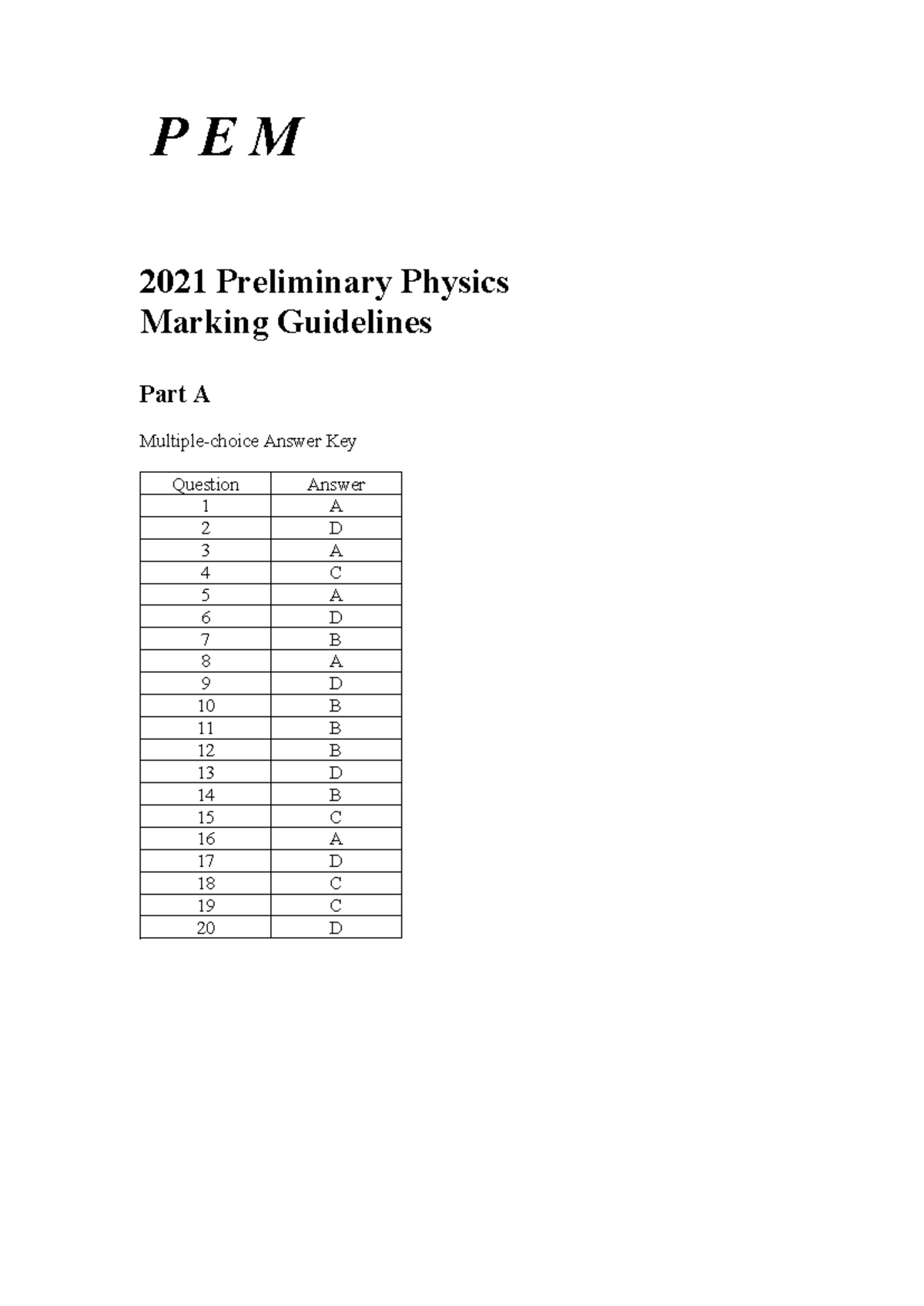 PEM 2021 Physics Preliminary Marking Guidelines: Answer Key & Criteria - Studocu