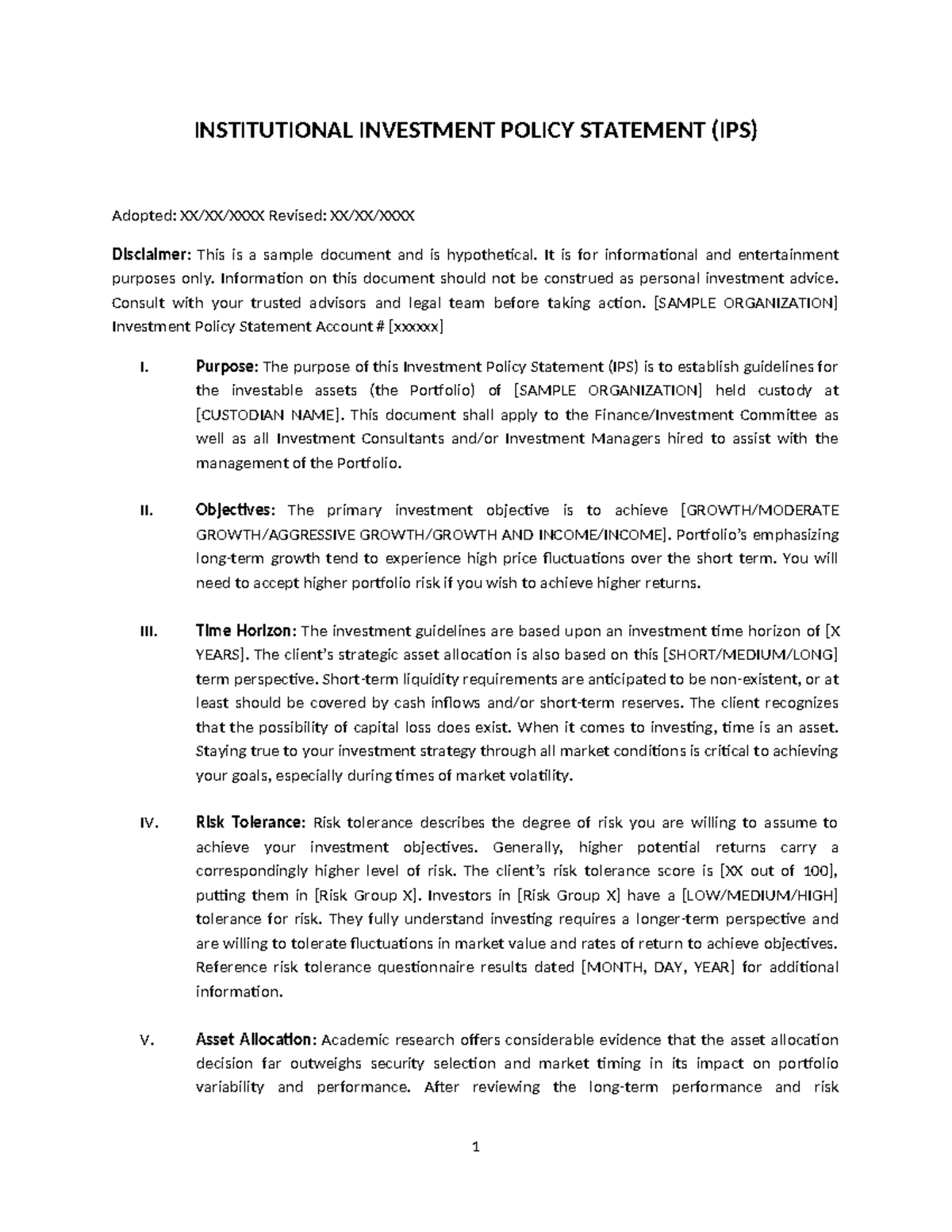 Sample IPS for Institutional Investment Policy (IPS) - Studocu