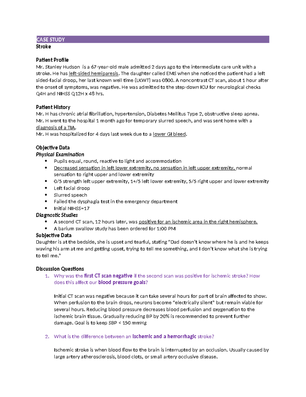 Stroke Case Study: Mr. Stanley Hudson - Clinical Assessment ...