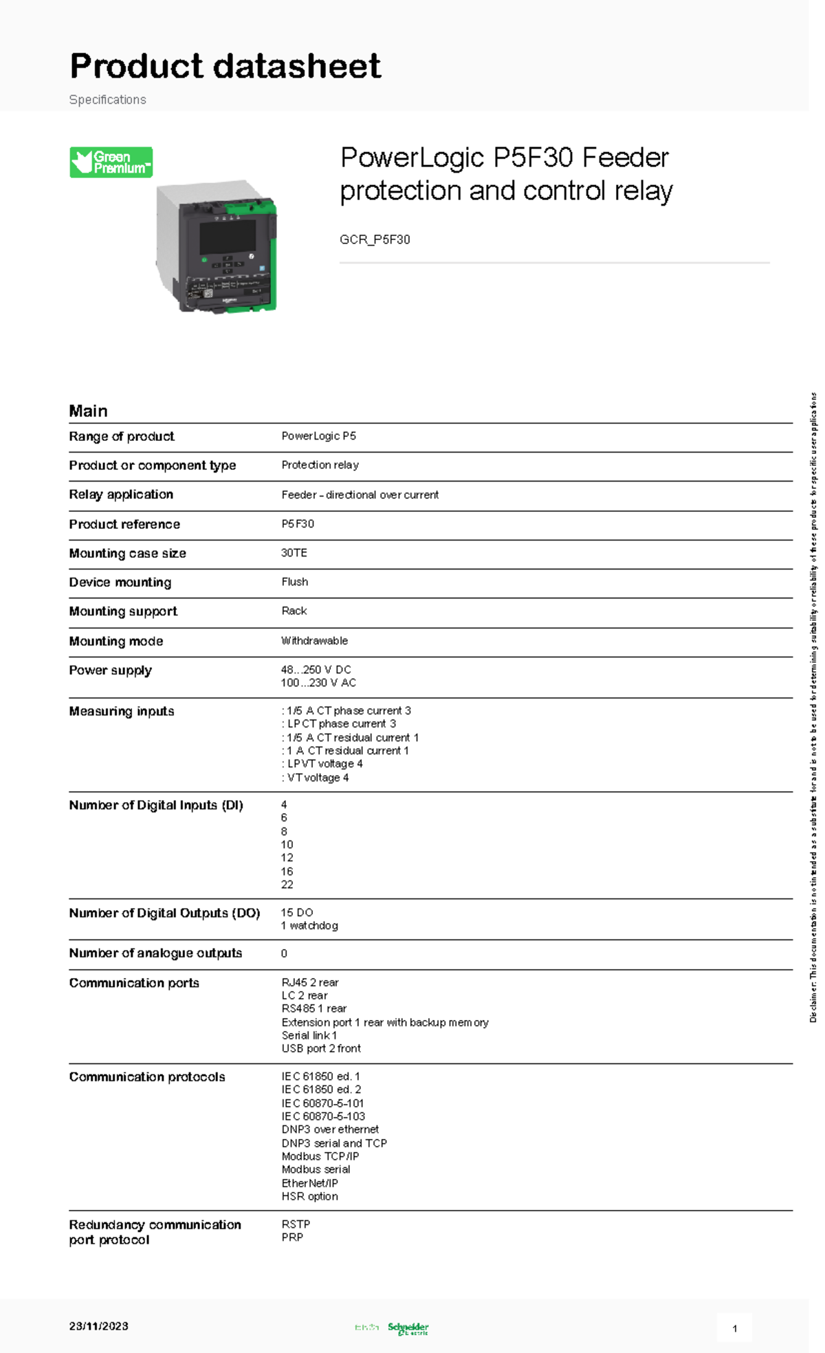PowerLogic P5F30 GCR Protection Relay Specifications and Features - Studocu