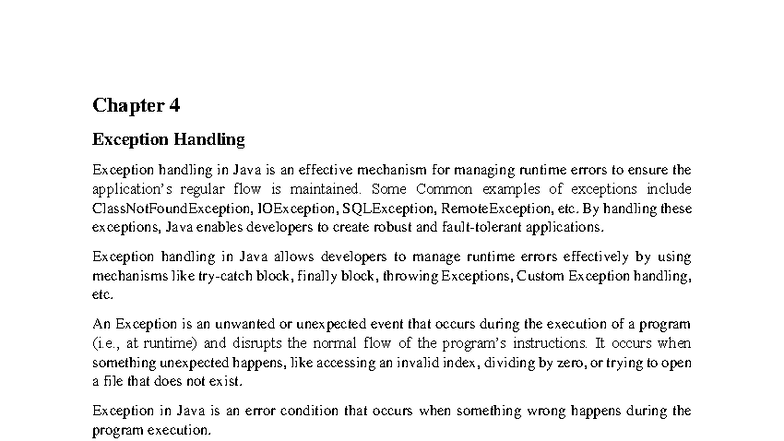 Ch4 - Exception Handling in Java: Managing Runtime Errors - Studocu