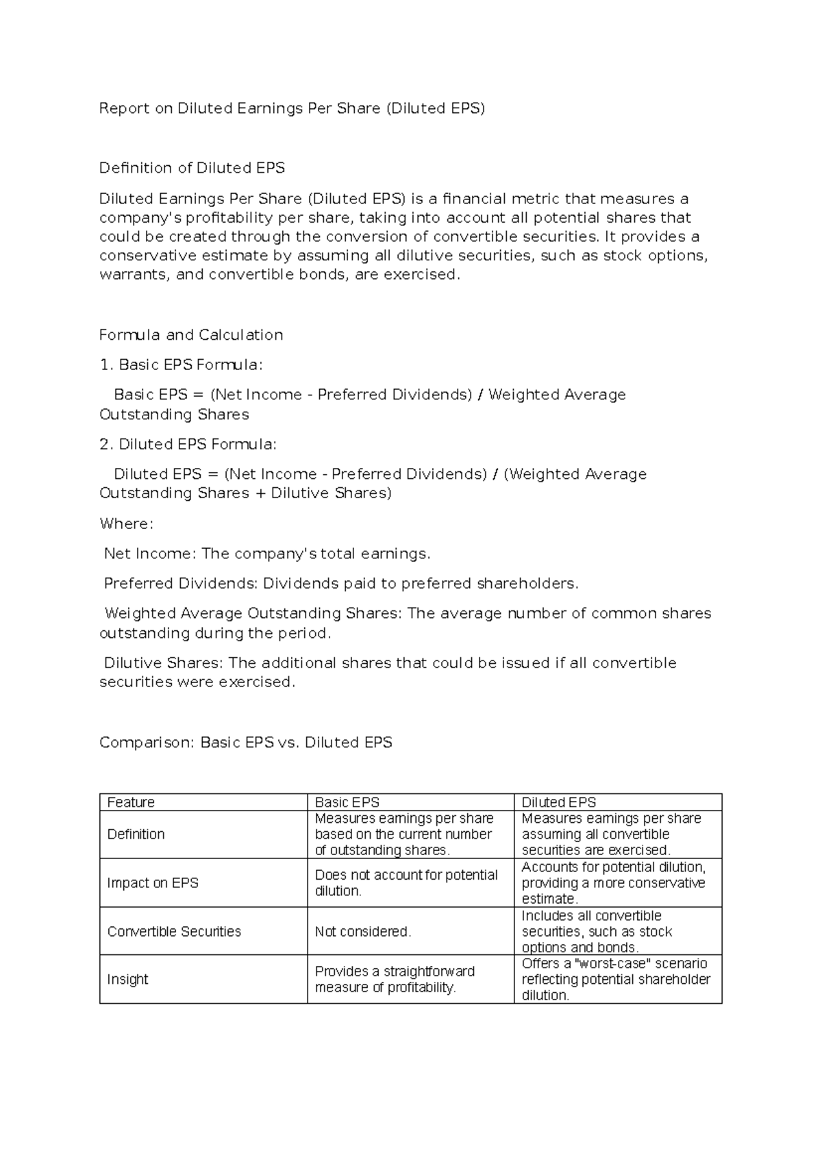 Report on Diluted Earnings Per Share - It provides a conservative ...
