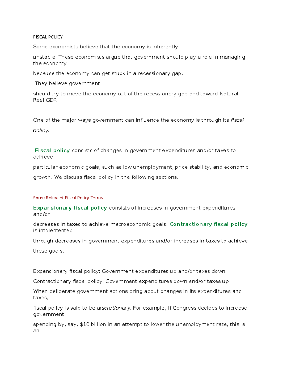 FISCAL POLICY: Understanding Discretionary and Automatic Measures - Studocu