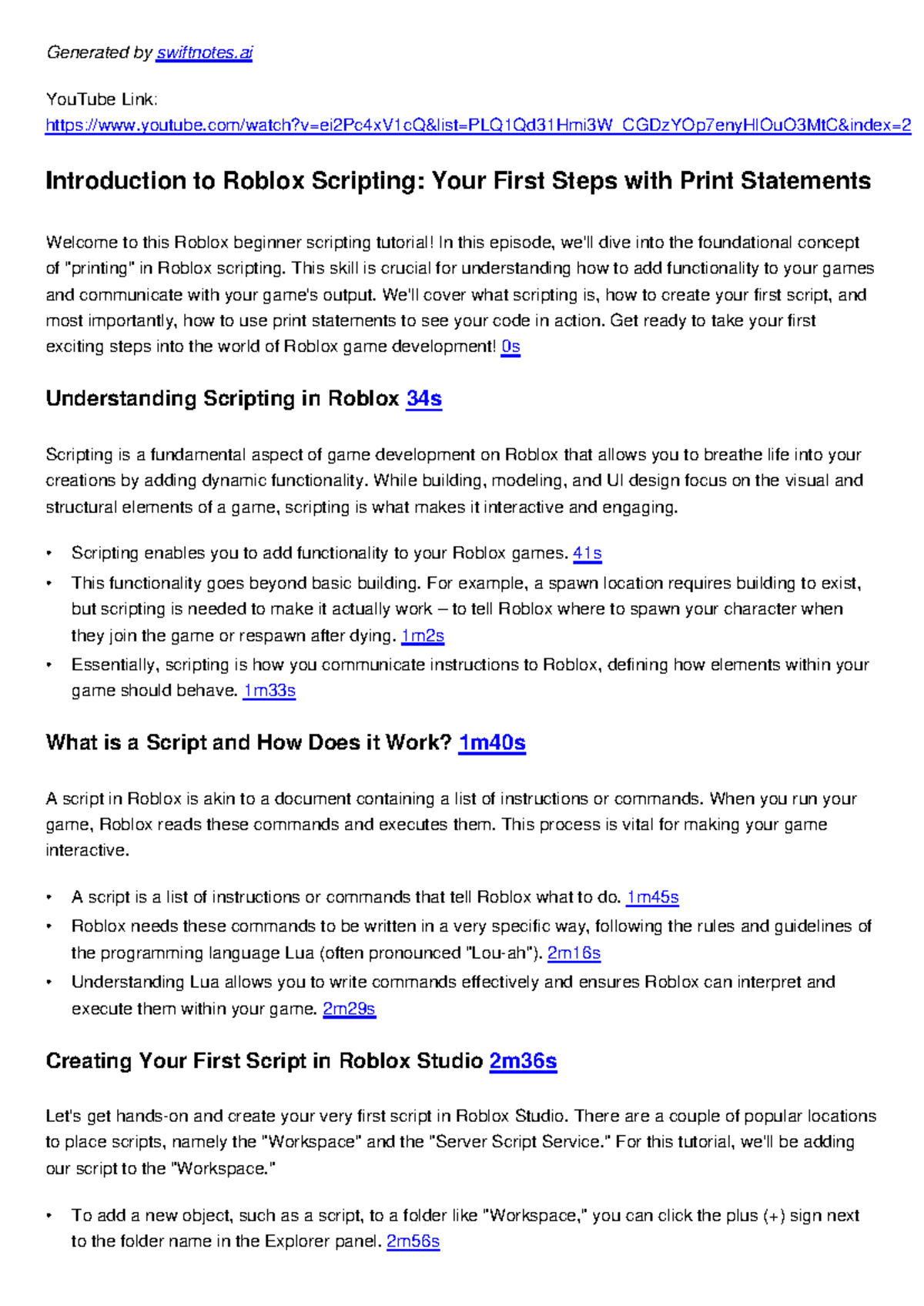 Roblox Scripting 101: Your First Steps with Print Statements - Studocu