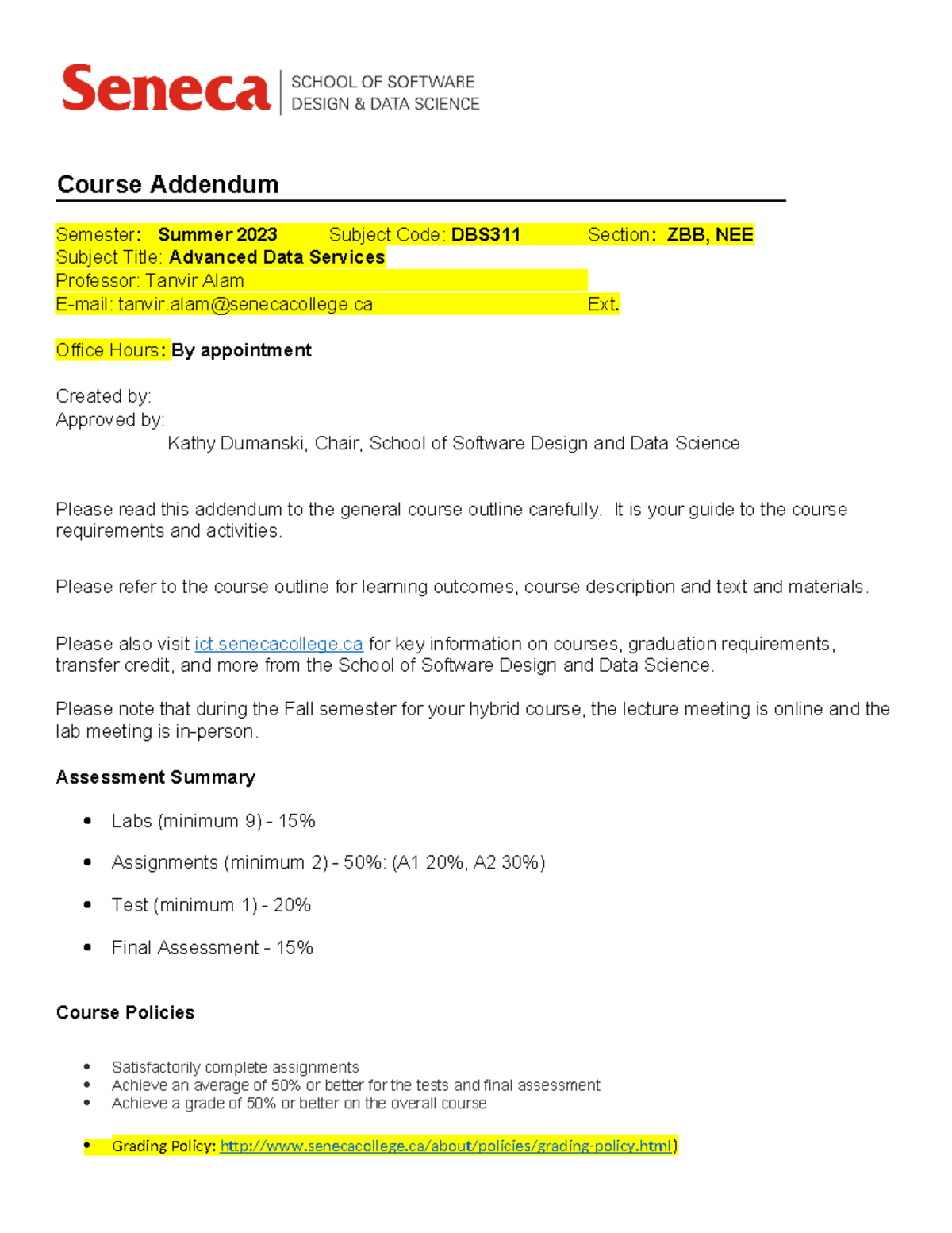 Addendum for DBS311: Advanced Data Services - Summer 2023 - Studocu