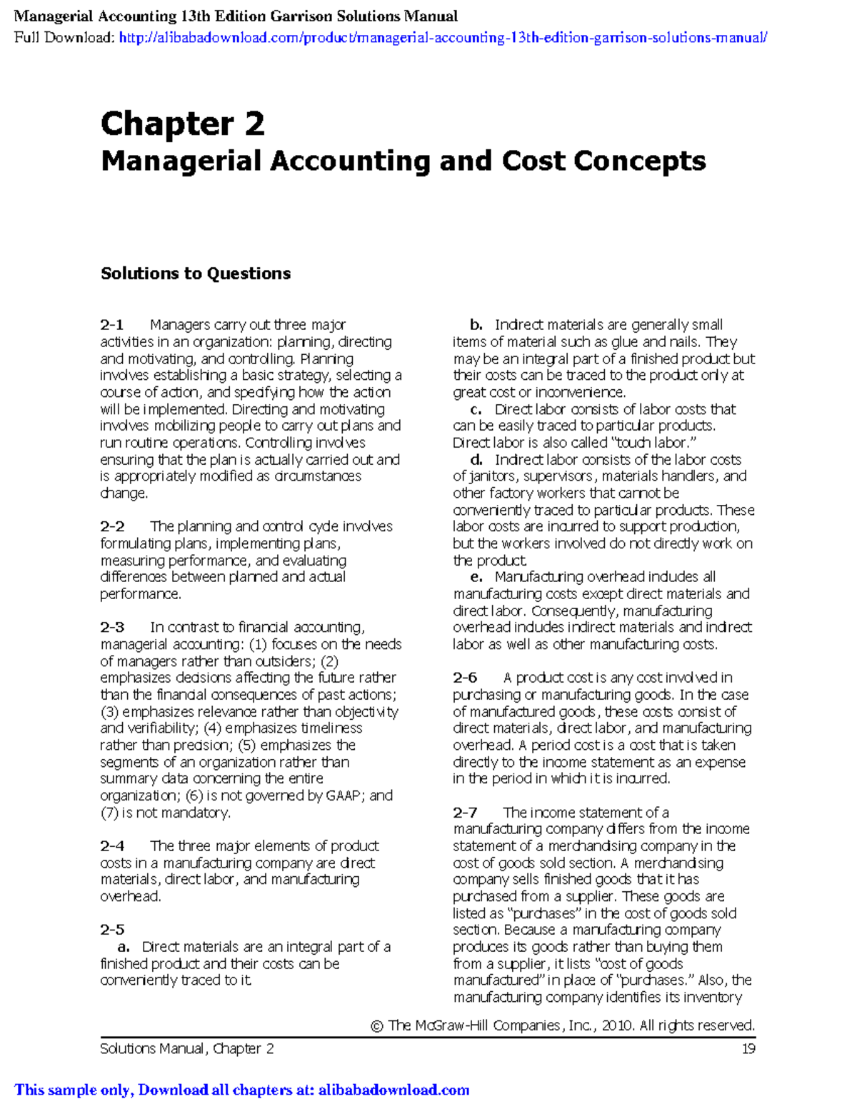 Managerial Accounting 13th Edition Garrison Solutions Manual - Ch 2 - Studocu