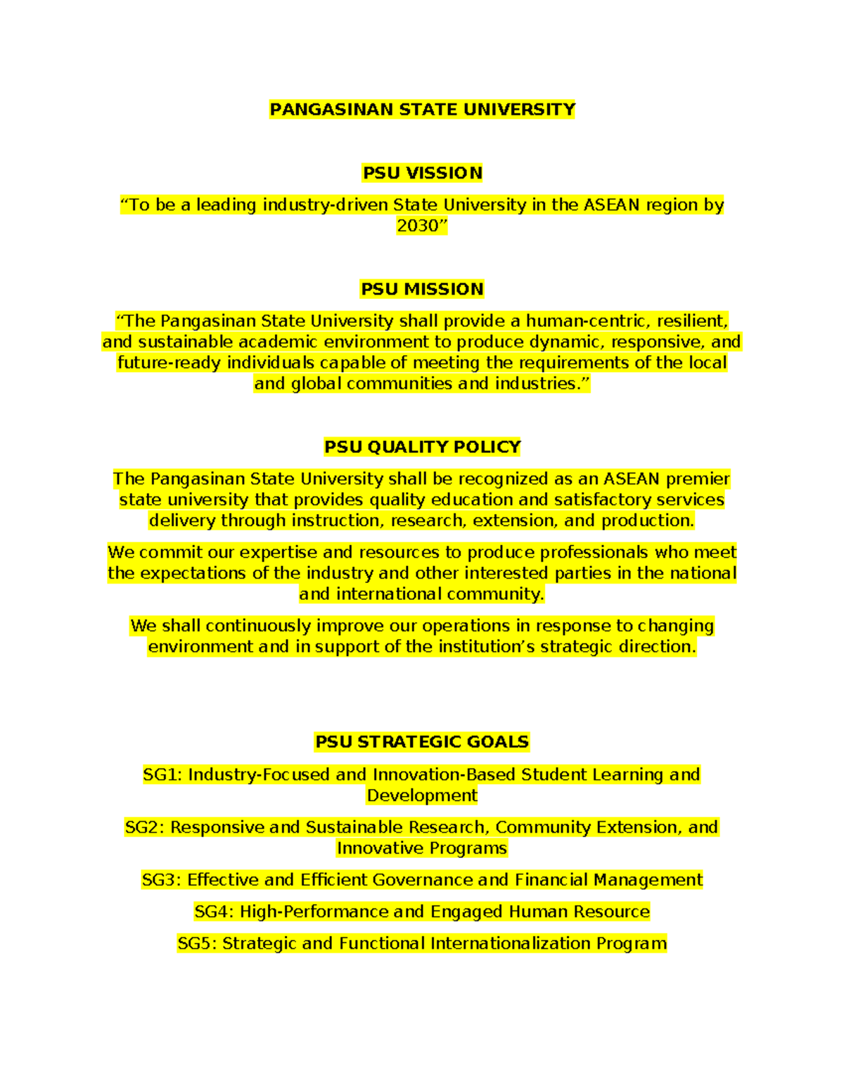 PSU Vision, Mission, Quality Policy, and Strategic Goals Overview - Studocu