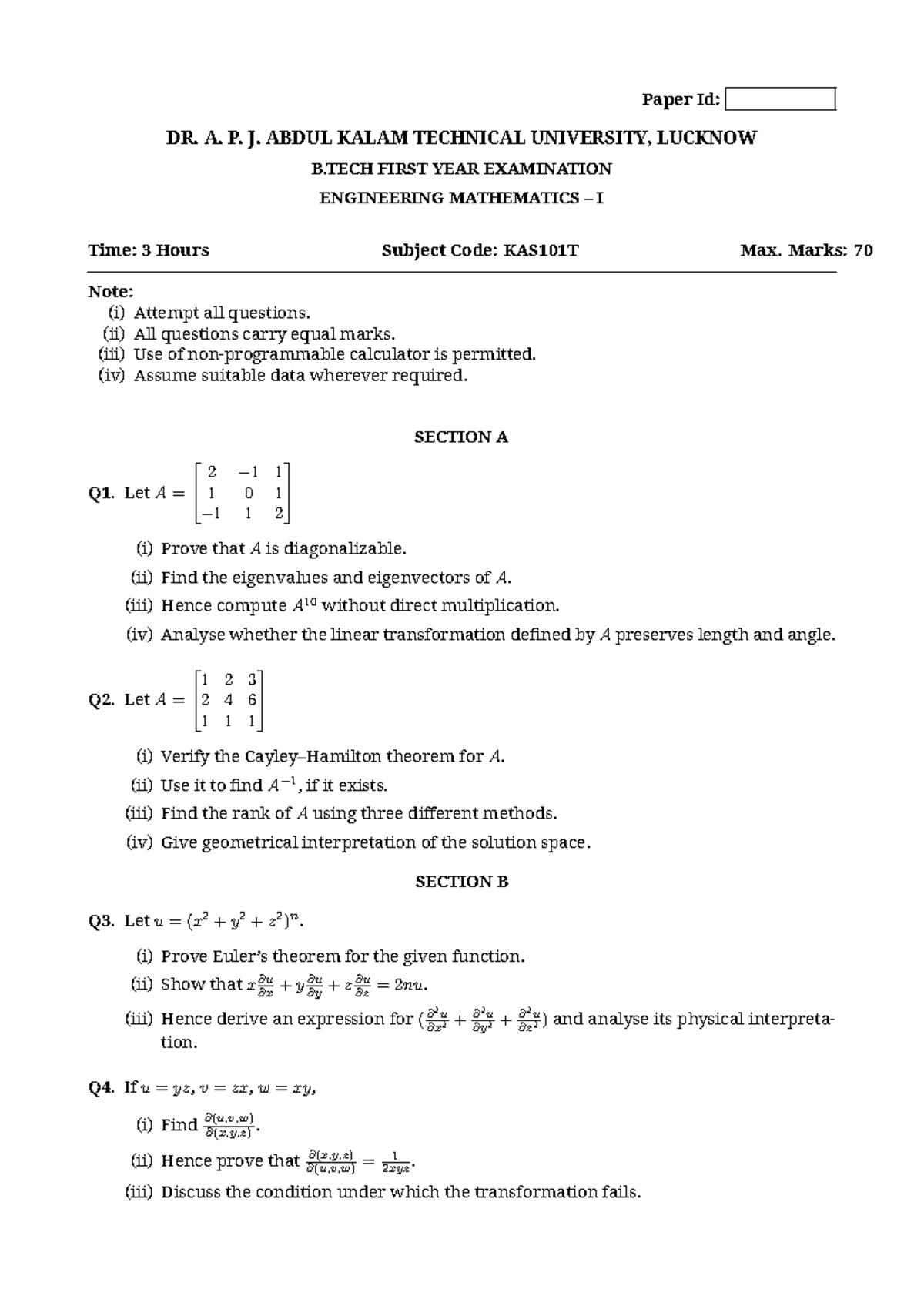AKTU KAS101T Engineering Mathematics I Exam Paper - Studocu