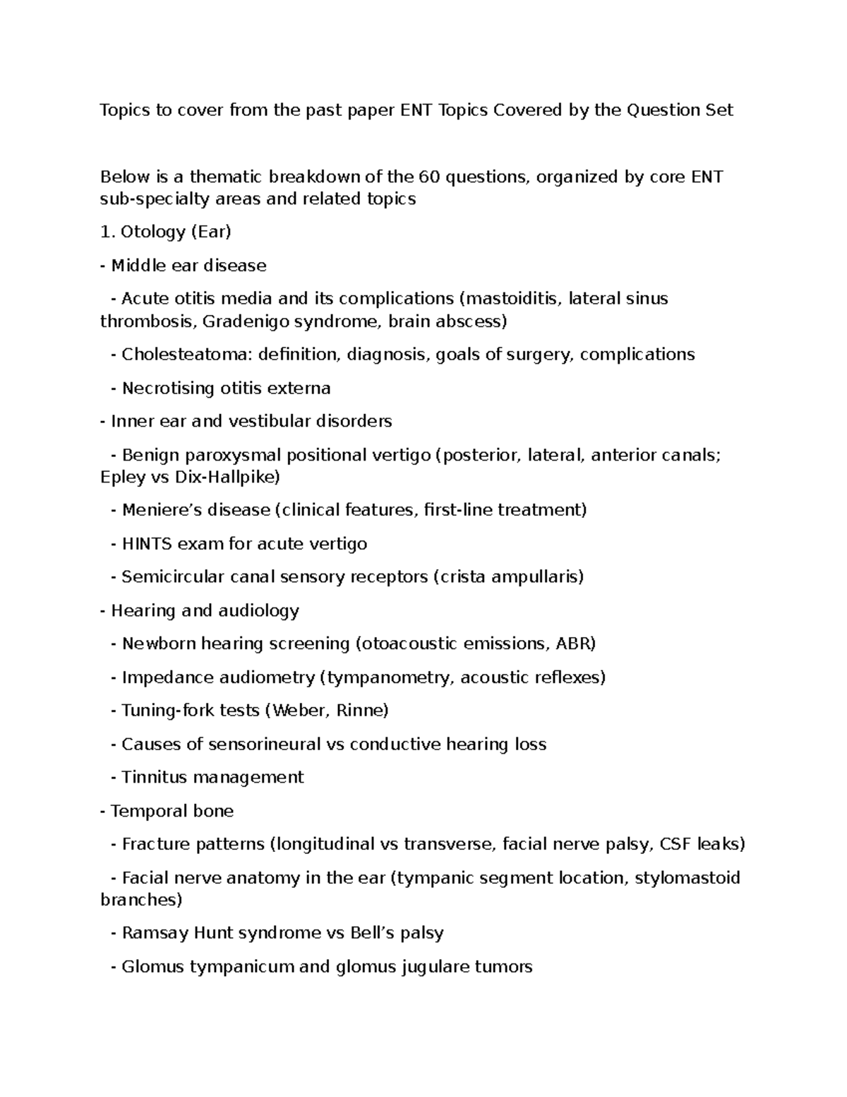 ENT Exam Topics Breakdown: Key Areas & Questions - Studocu