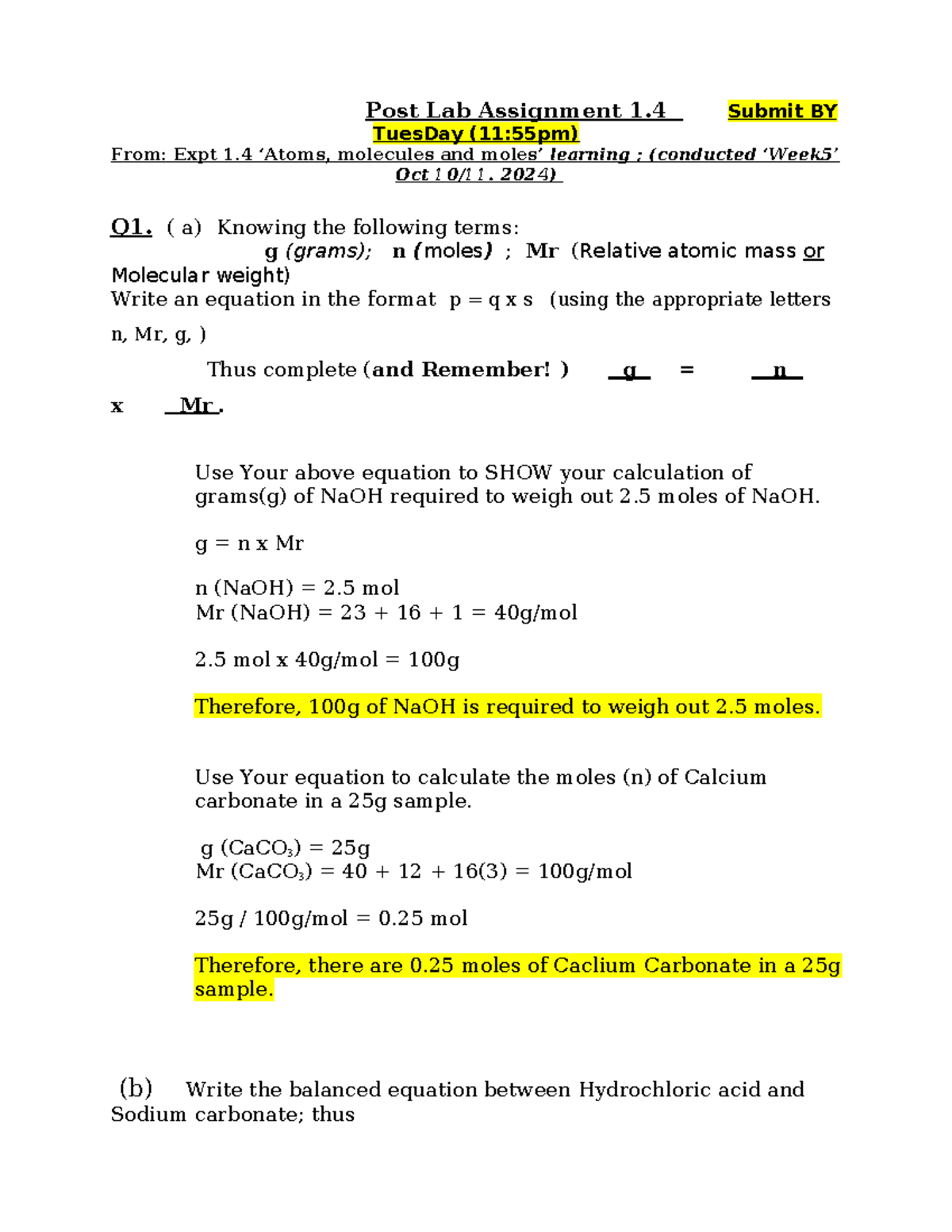 Chem Post-Lab Assignment 1.4 - Atoms, Molecules & Moles Calculations ...