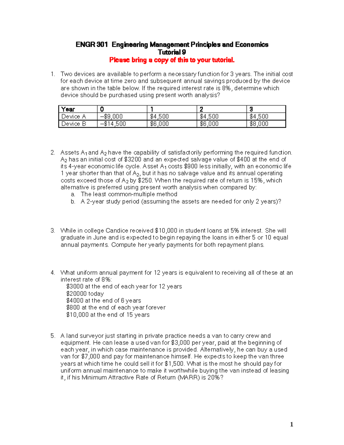 Tutorial work - week 12 - Tutorial 9- Solutions - ENGR 301 Engineering ...