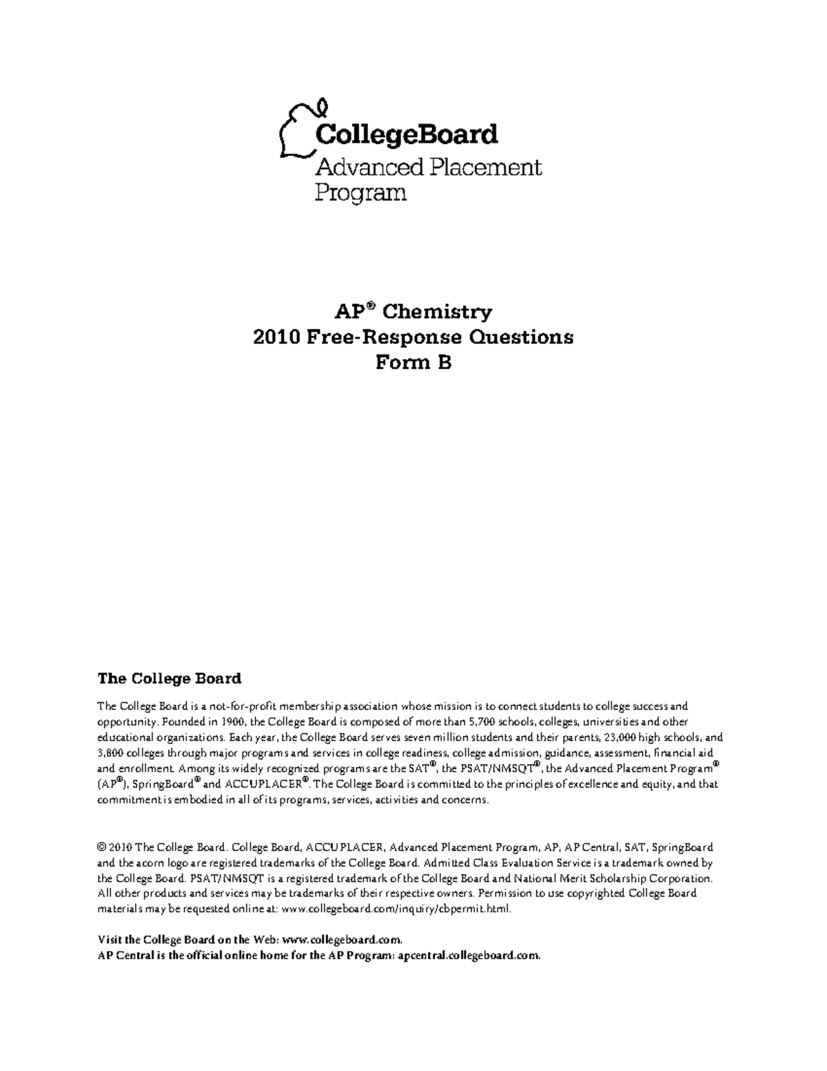 Chemistry 2010 FRQ Form B - The College Board Exam - Studocu