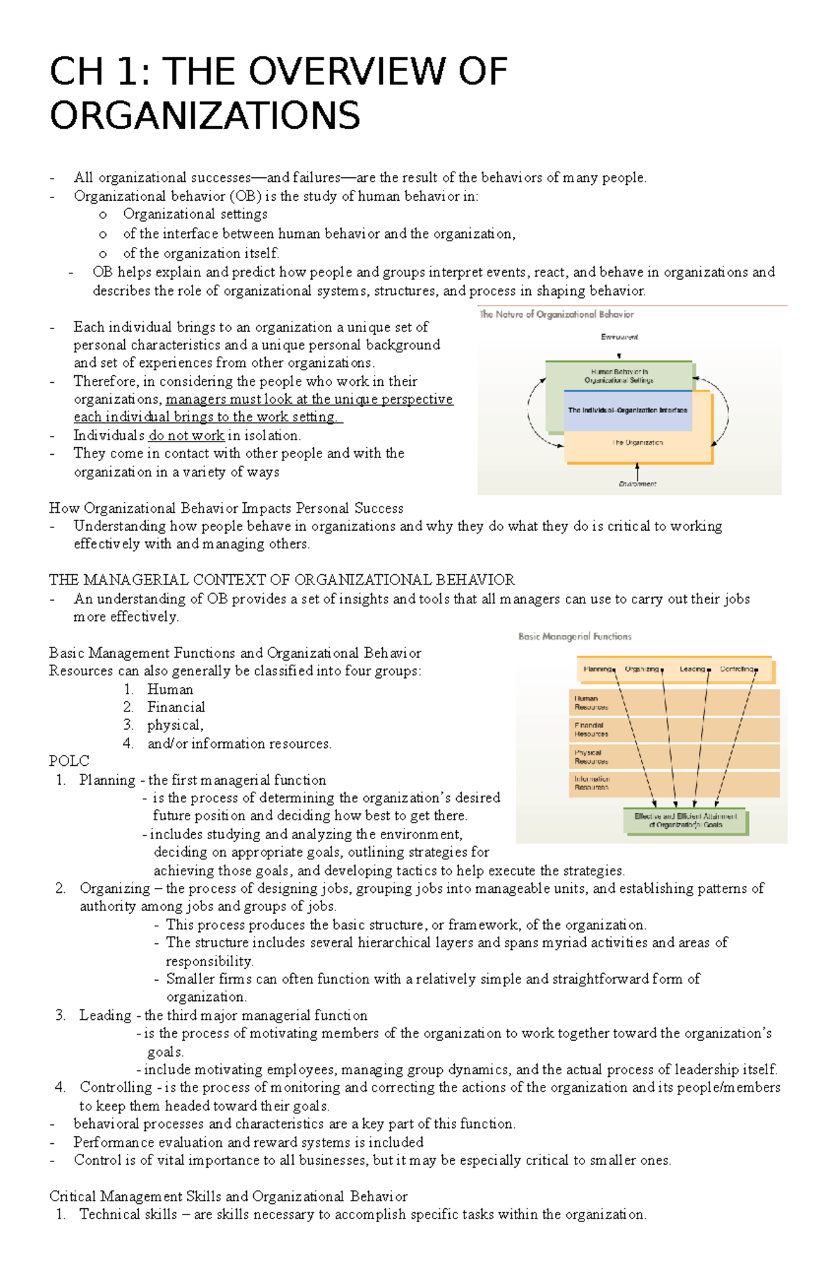 CH1 Organizational Behavior Notes - Understanding Impact & Management ...
