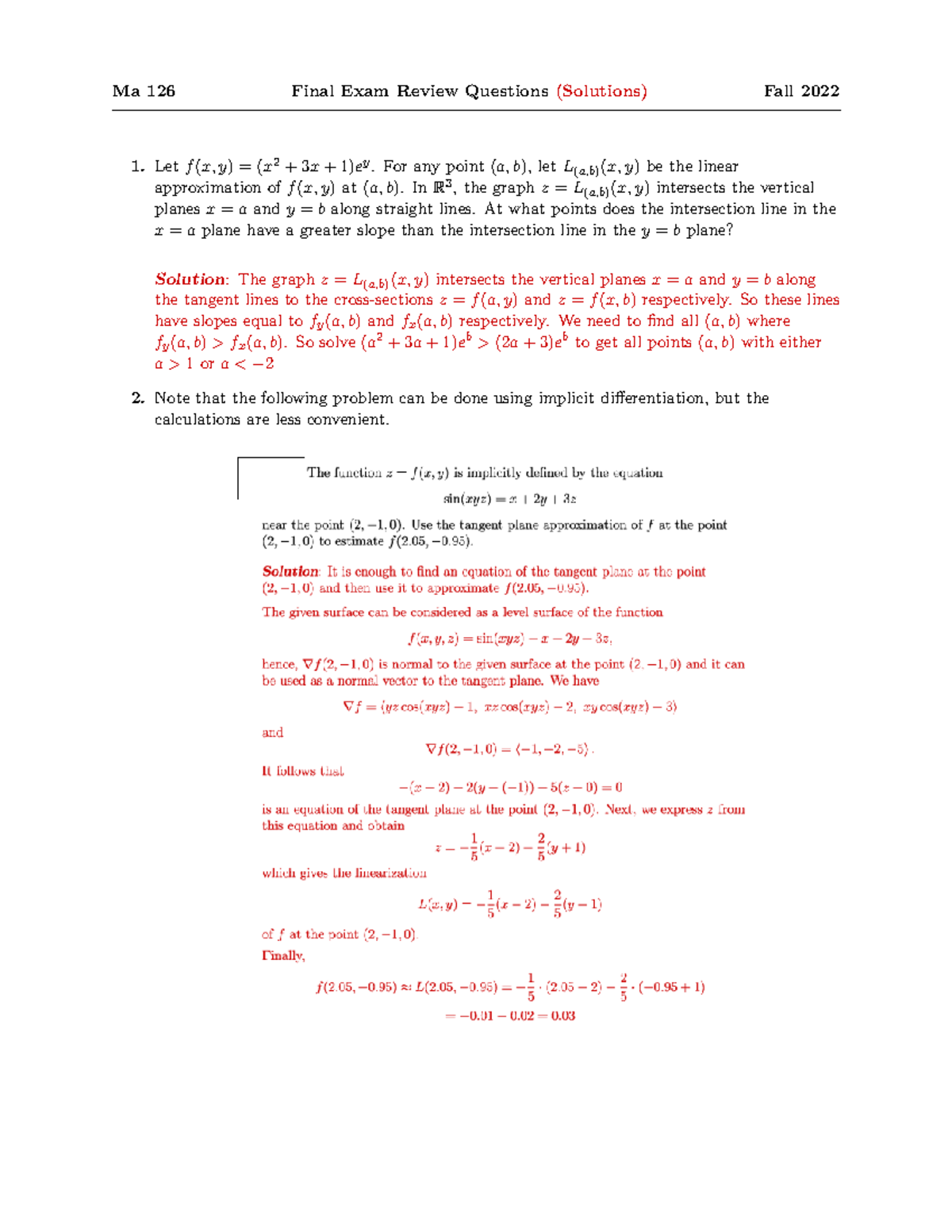 Ma 126-22F2-Final Exam Solutions and Review Questions - Studocu