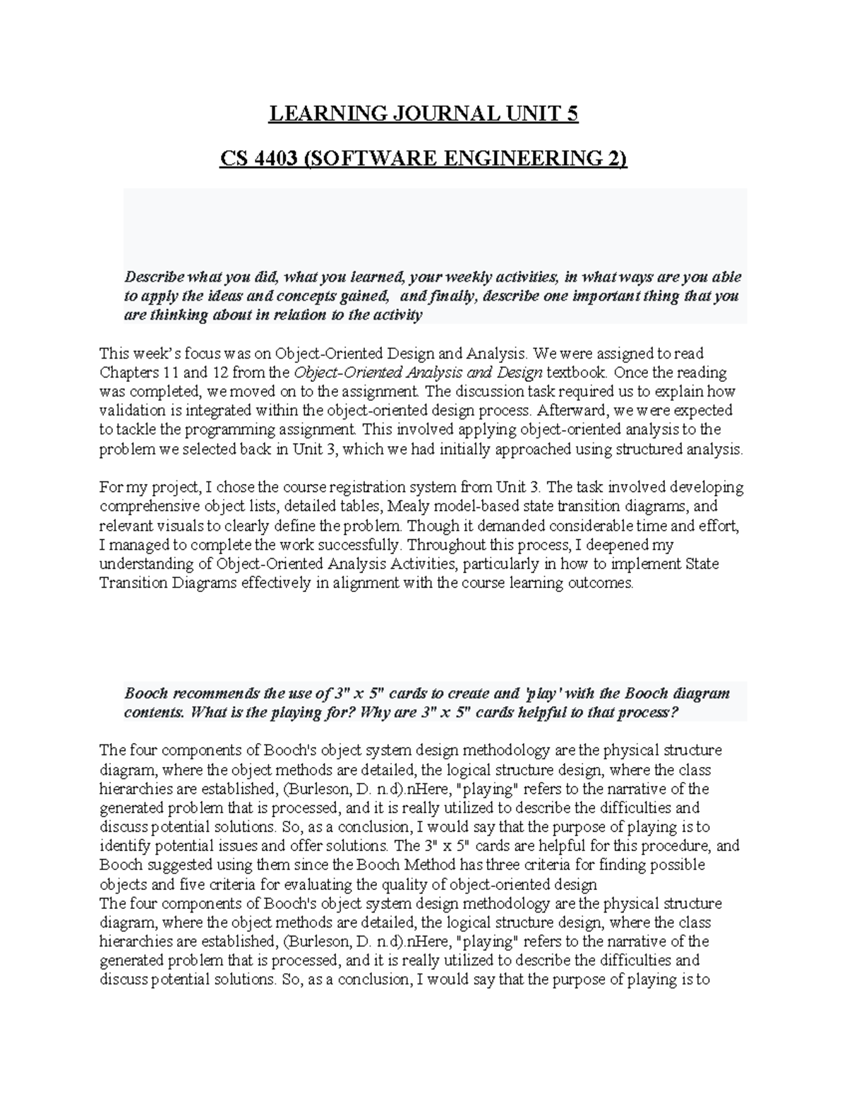 Learning Journal Unit 5: Design & Analysis Insights (CS 4403) - Studocu