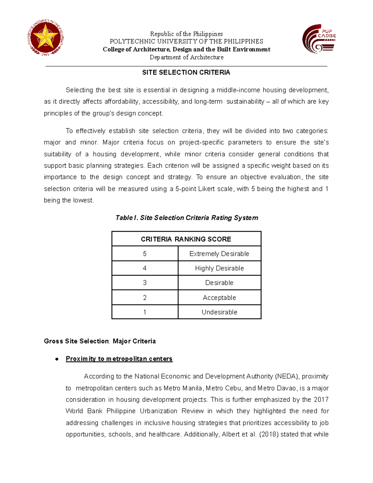 Site Selection Criteria for Housing Development: PUP Architecture - Studocu
