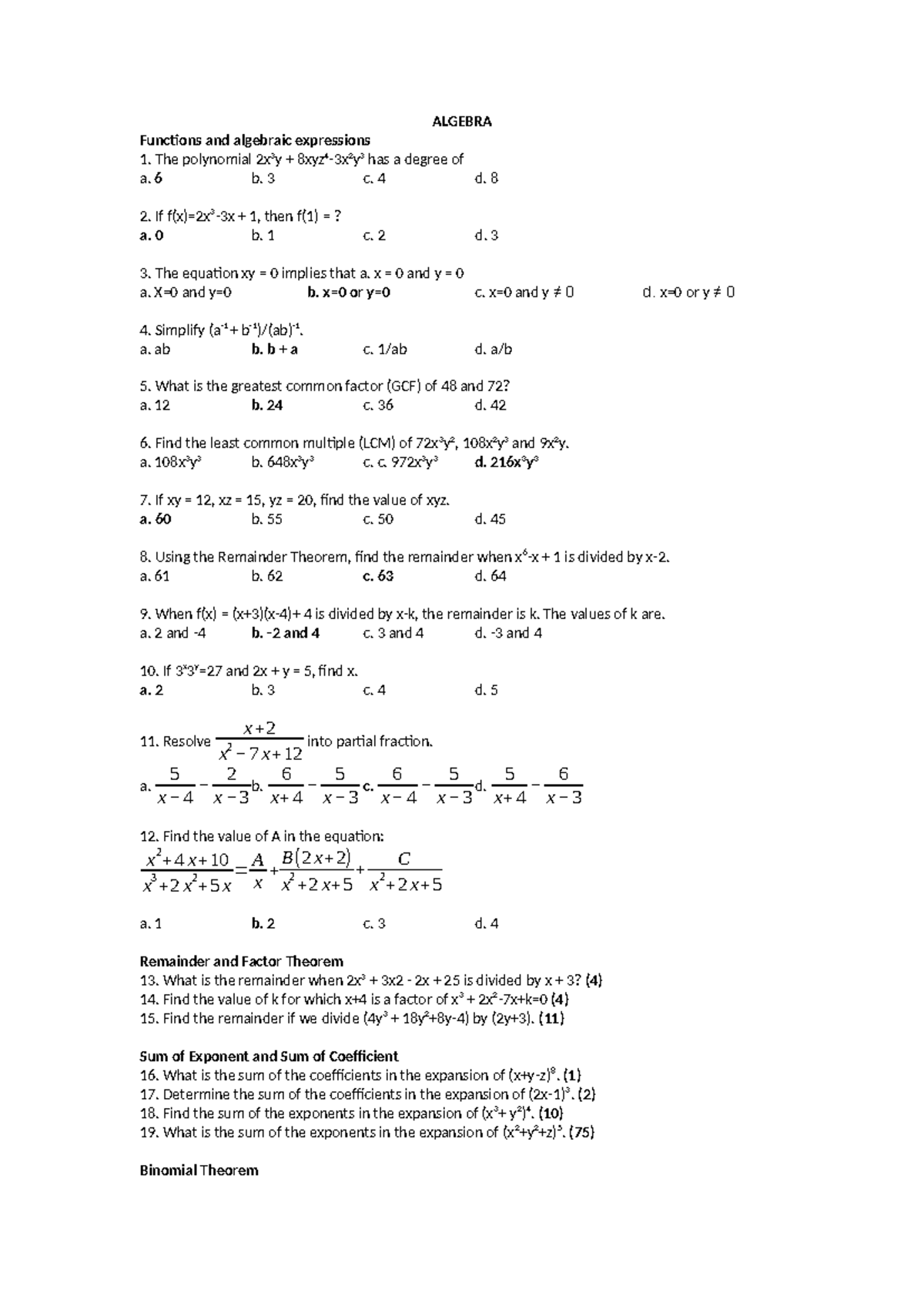 ALGEBRA (MATH101) Problem Set: Functions, Equations & Word Problems ...