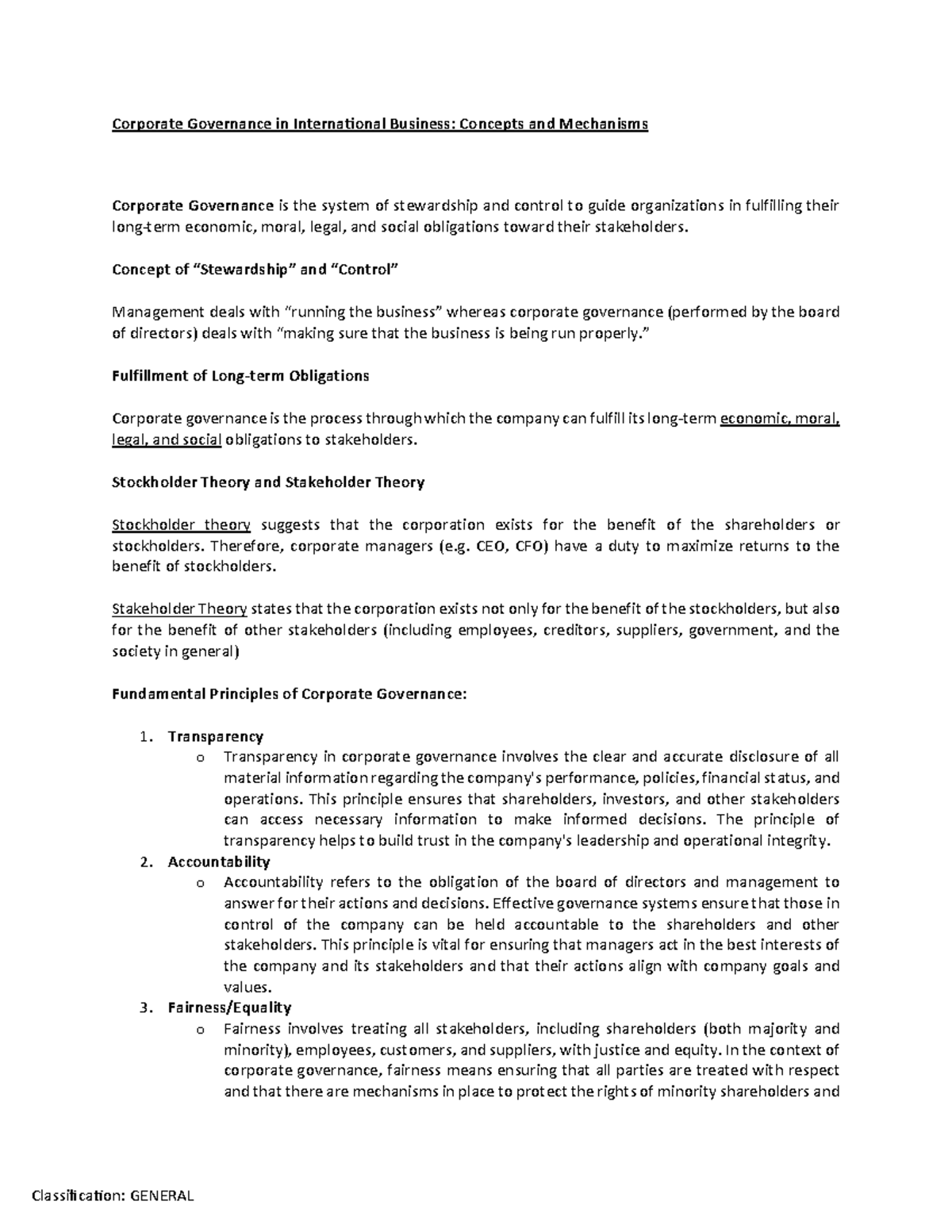 Corporate Governance Concepts & Mechanisms - Lecture Notes - Studocu