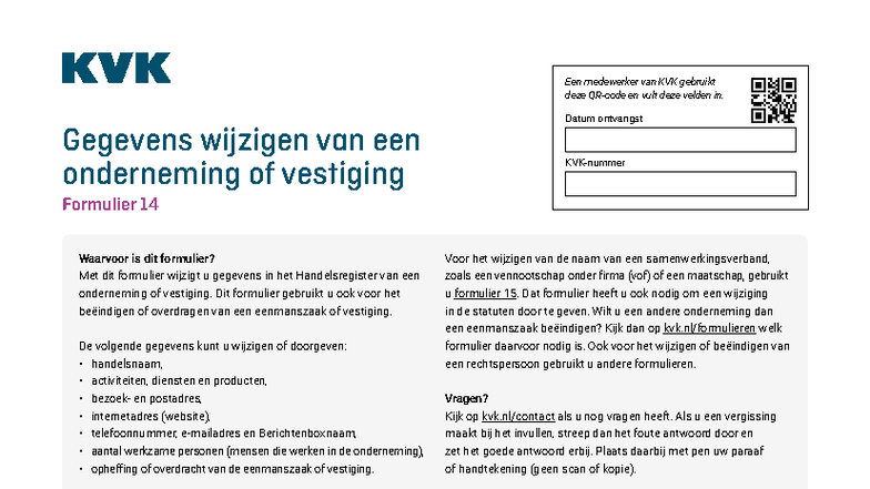 Formulier 14: Wijziging van Ondernemings- en Vestigingsgegevens ...