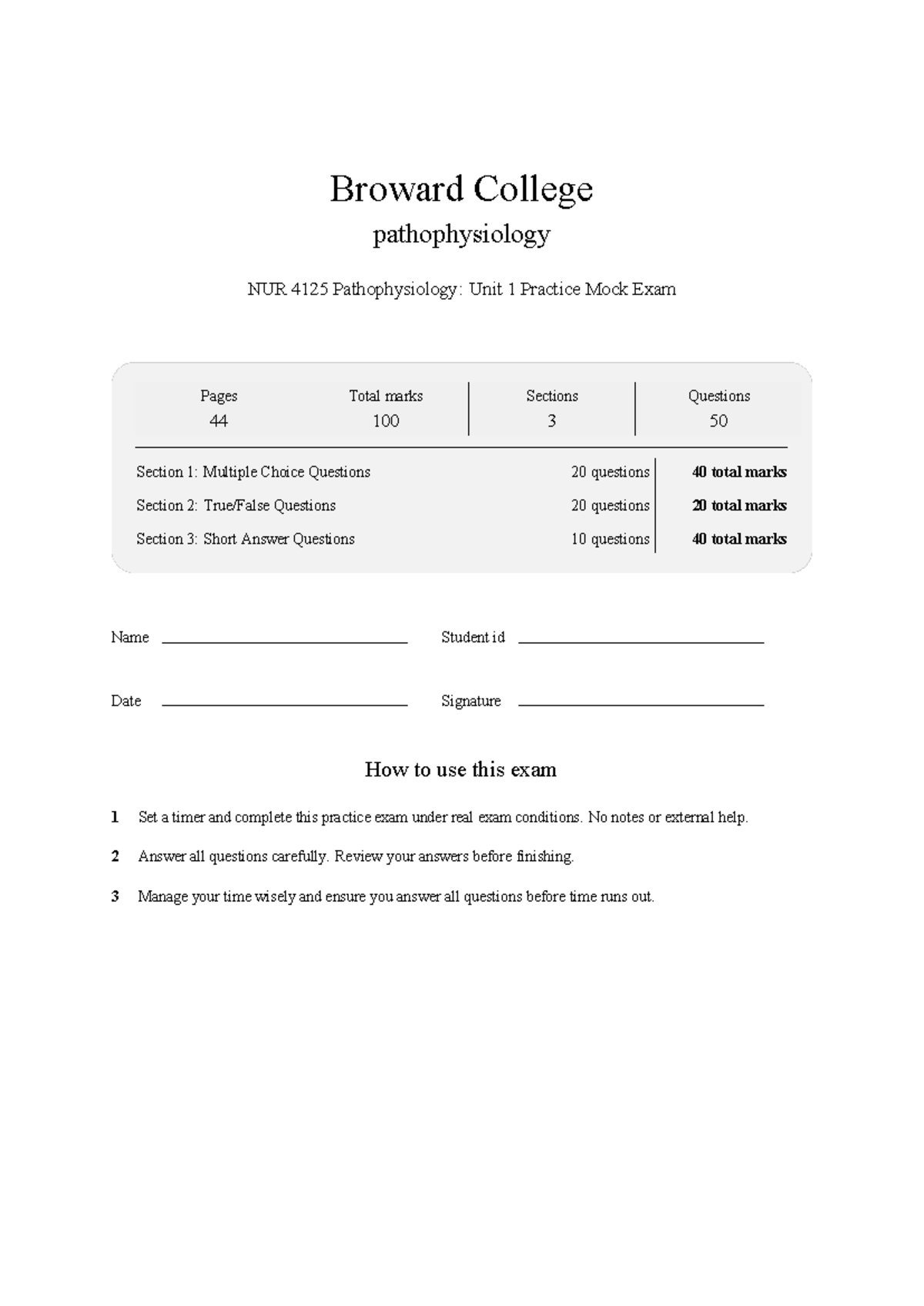 NUR 4125 Pathophysiology: Unit 1 Mock Exam Practice Questions - Studocu