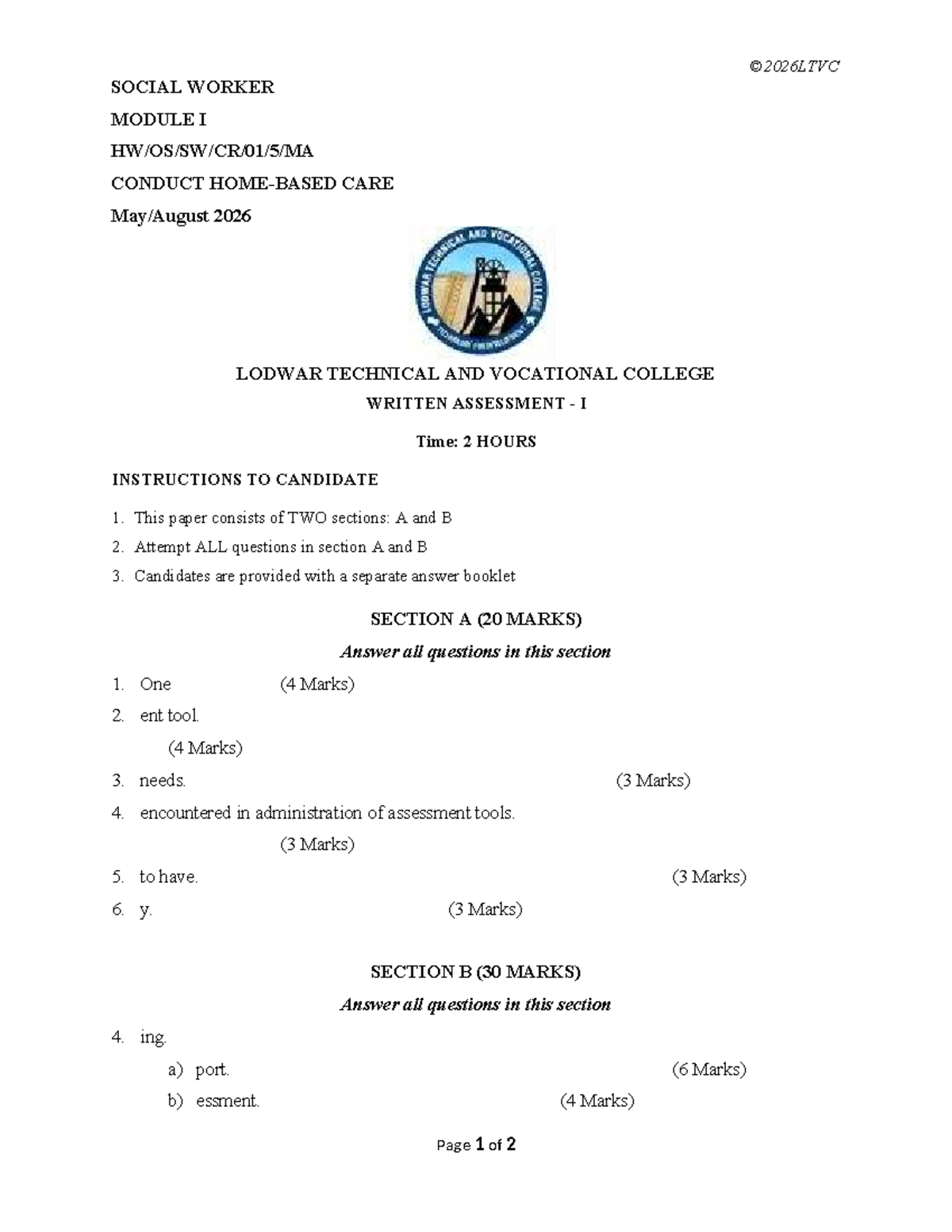 SOCIAL WORKER MODULE I CONDUCT CARE 2026 ASSESSMENT TEMPLATE - Studocu