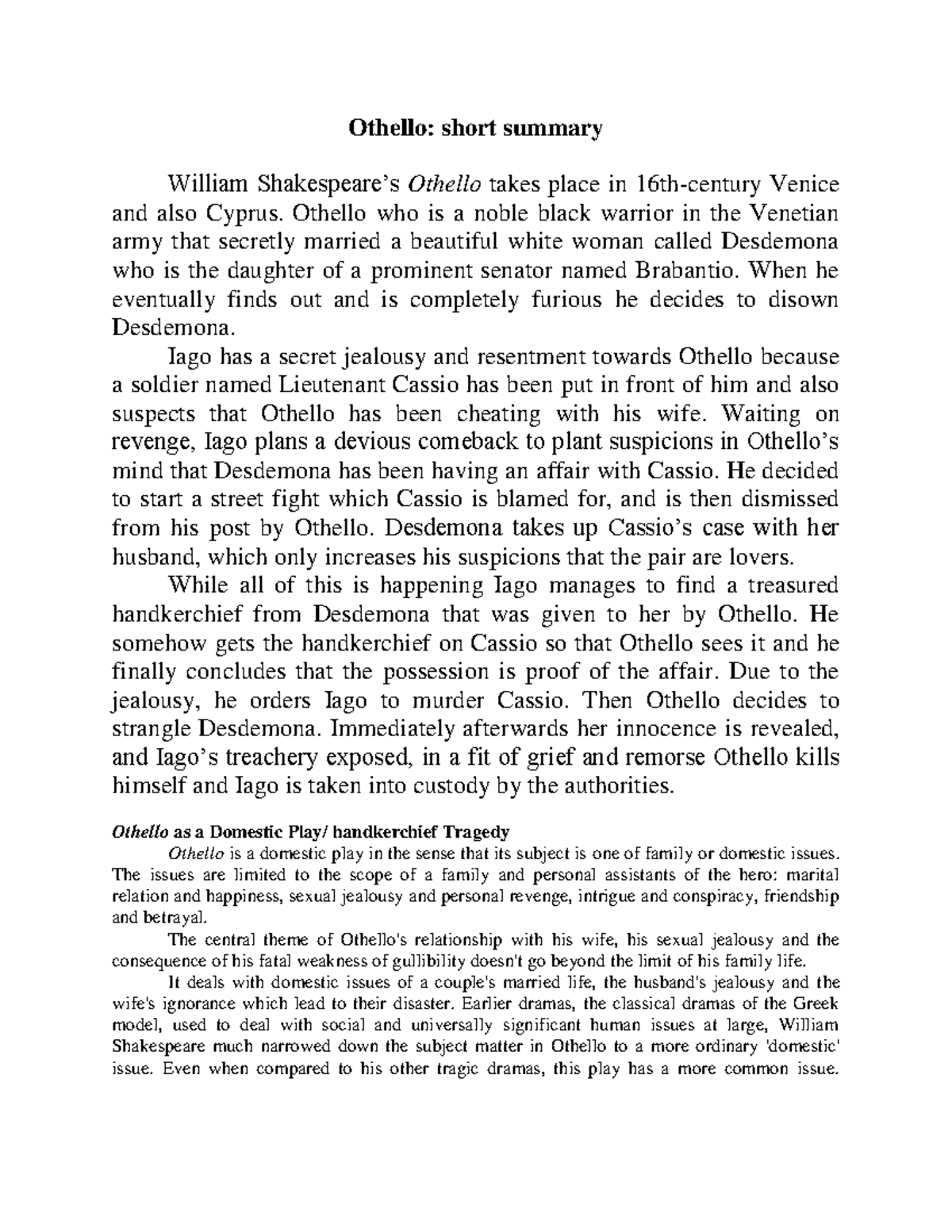 112-Shakespeare I -Othello as a tragic hero - Othello: short summary ...