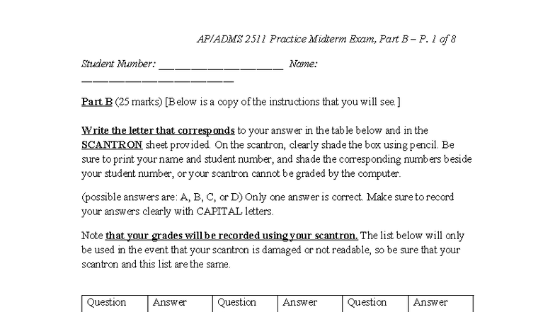 2511 Practice Midterm Exam, Part B: Multiple Choice Questions - Studocu