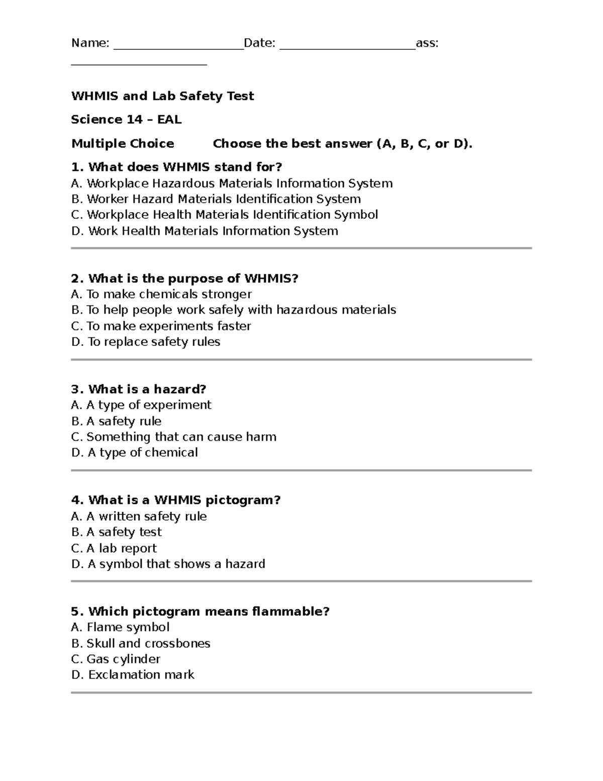 WHMIS and Lab Safety Test Science 14 EAL - Answer Key Version A - Studocu