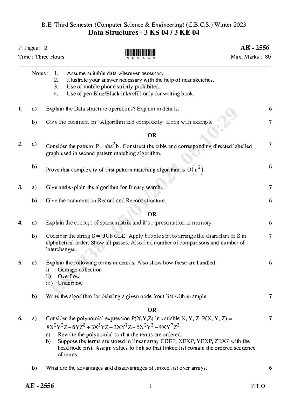B.E. CSE 3rd Sem Winter 2023 Data Structures Exam Paper - Studocu