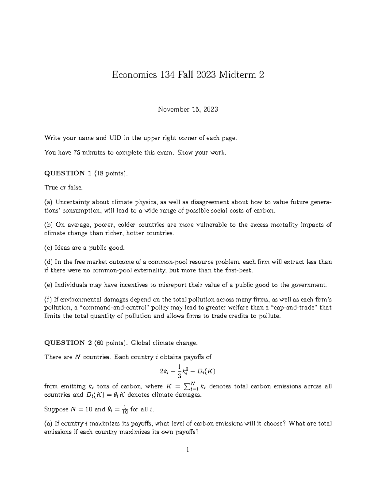 Econ 134 F23 Midterm 2 Exam Questions and Guidelines - Studocu