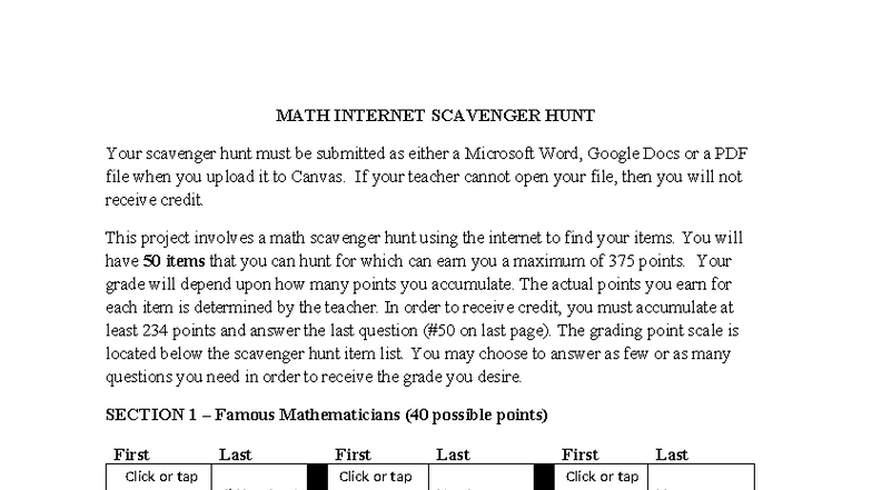 MATH 101: Internet Scavenger Hunt Project Guide - Studocu
