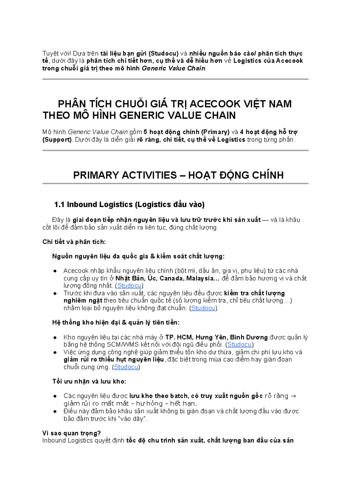 PHÂN TÍCH LOGISTICS ACECOOK VIỆT NAM THEO MÔ HÌNH GENERIC VALUE CHAIN ...