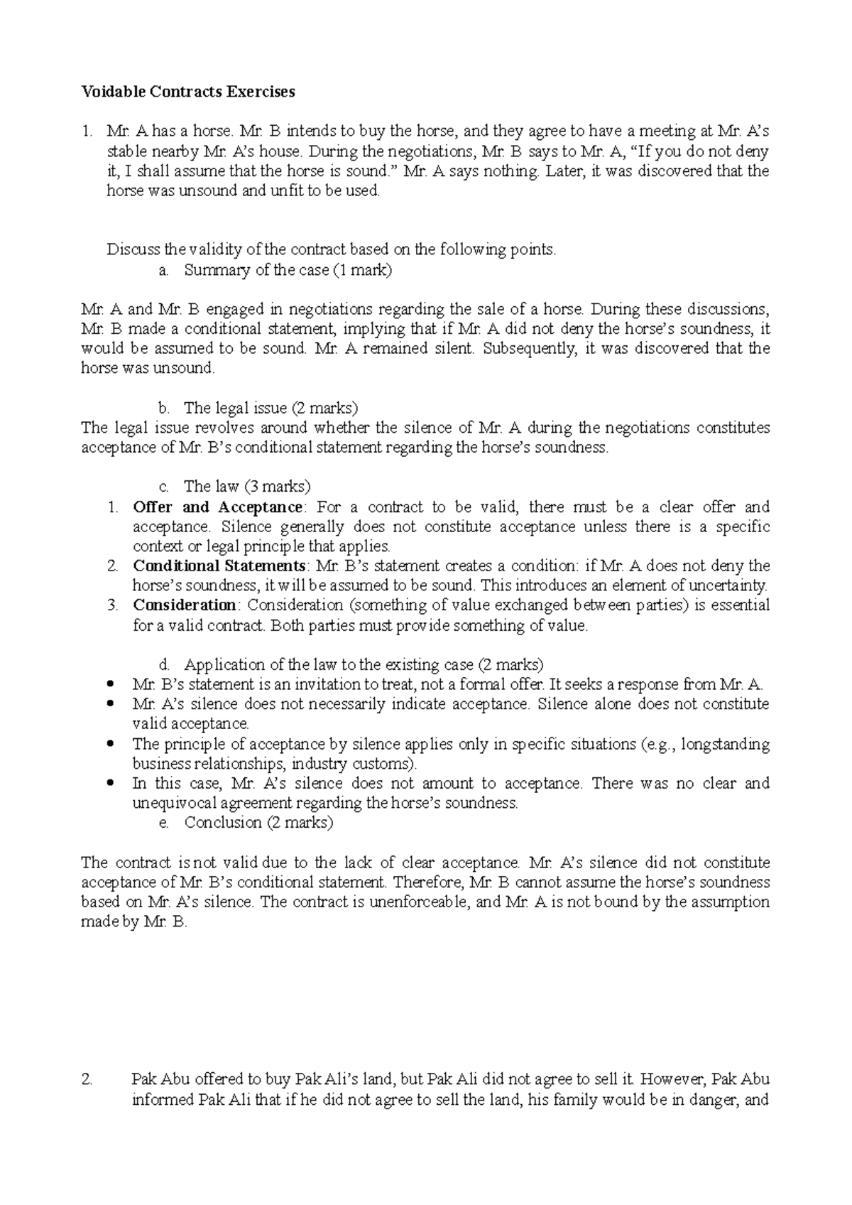 Contract Law Exercise: Analyzing Voidable Contracts and Acceptance ...