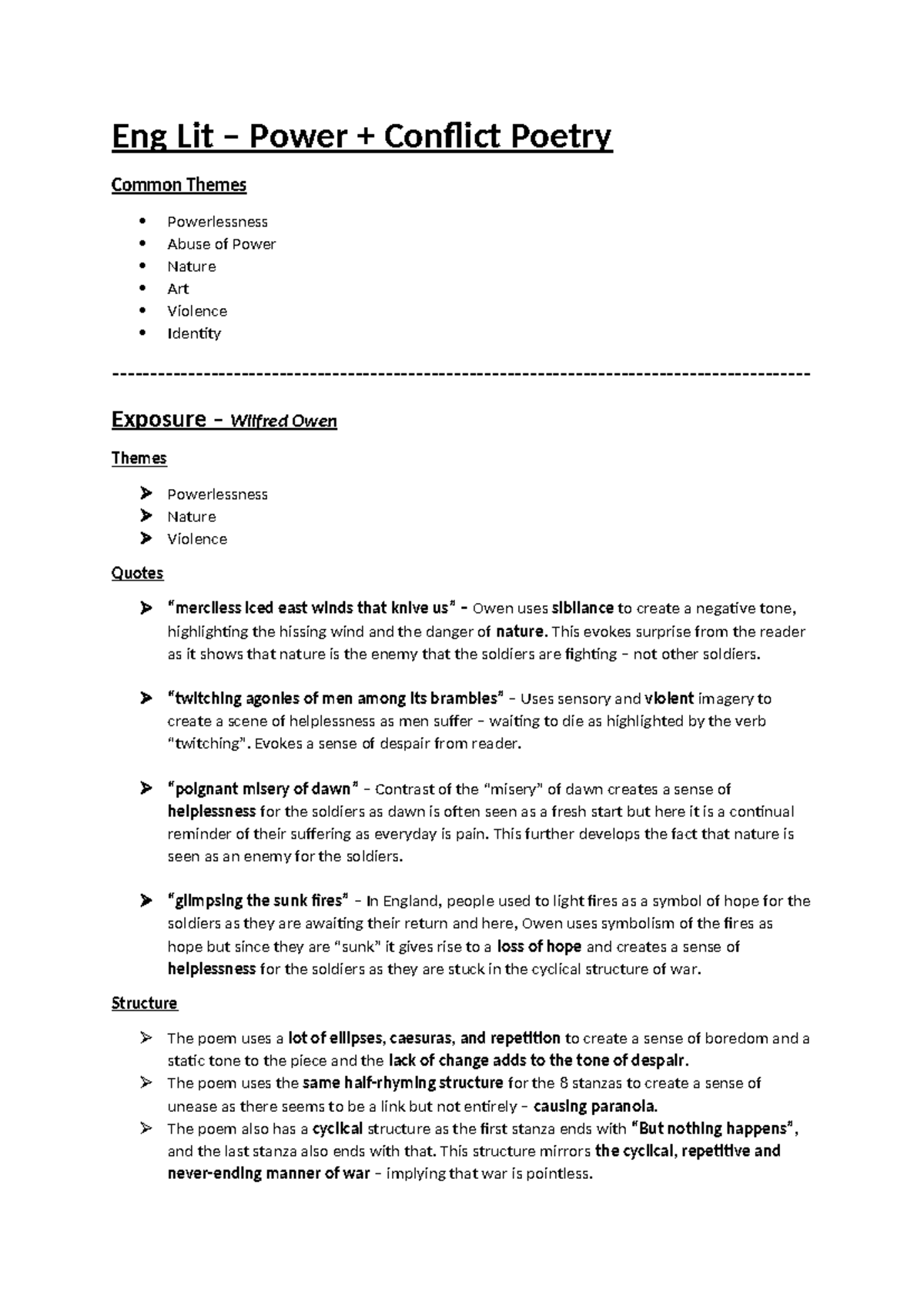 Eng Lit - Power and Conflict Poetry Notes (Final Exam Study Guide ...