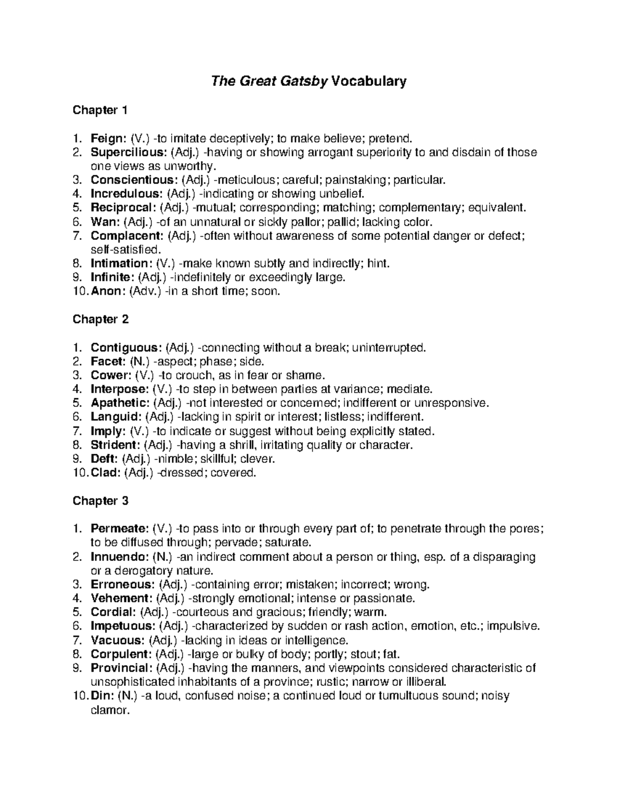 The Great Gatsby Vocab - Chapters 1-9 Vocabulary Lists & Quizzes - Studocu