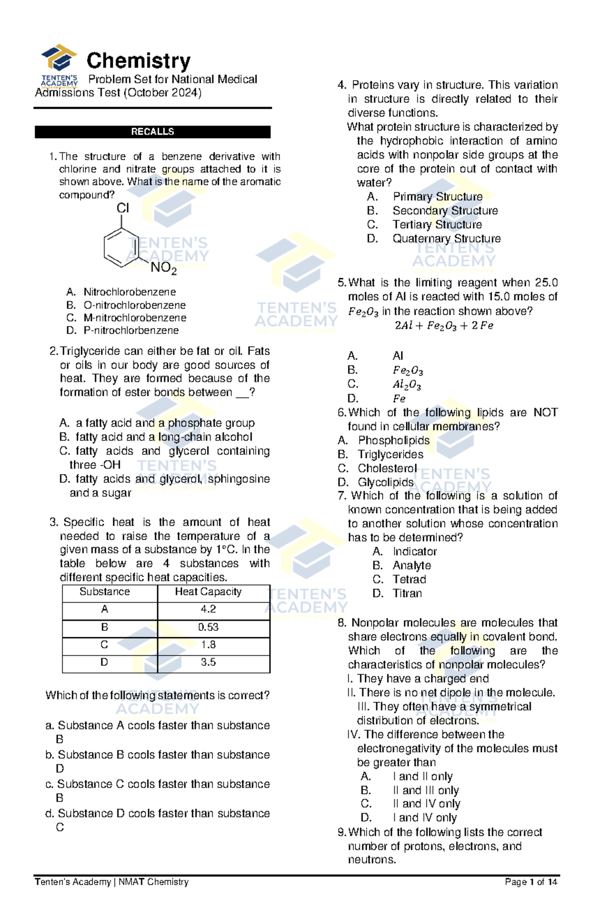 NMAT Chemistry Problem Set: Key Concepts and Recalls - Studocu