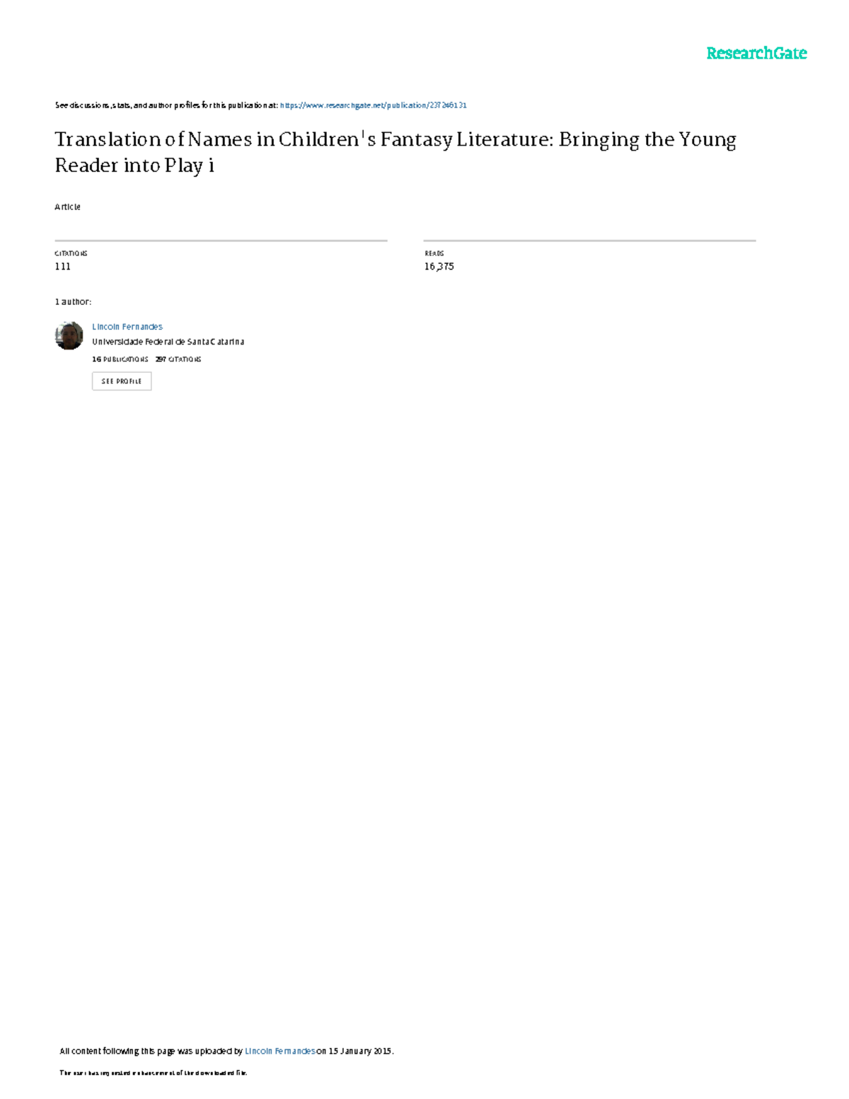 Translation of Names in Children's Fantasy Literature - LING 101 - Studocu