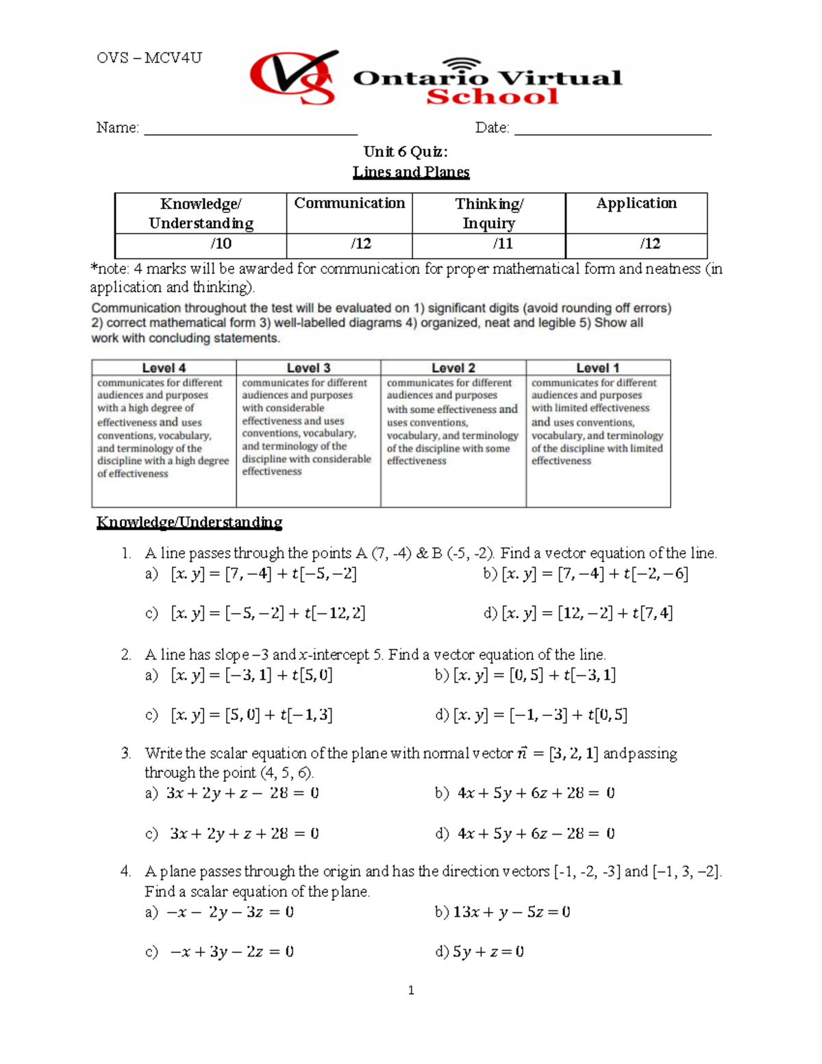 OVS MCV4U Unit 6 Quiz: Lines and Planes Analysis - Studocu