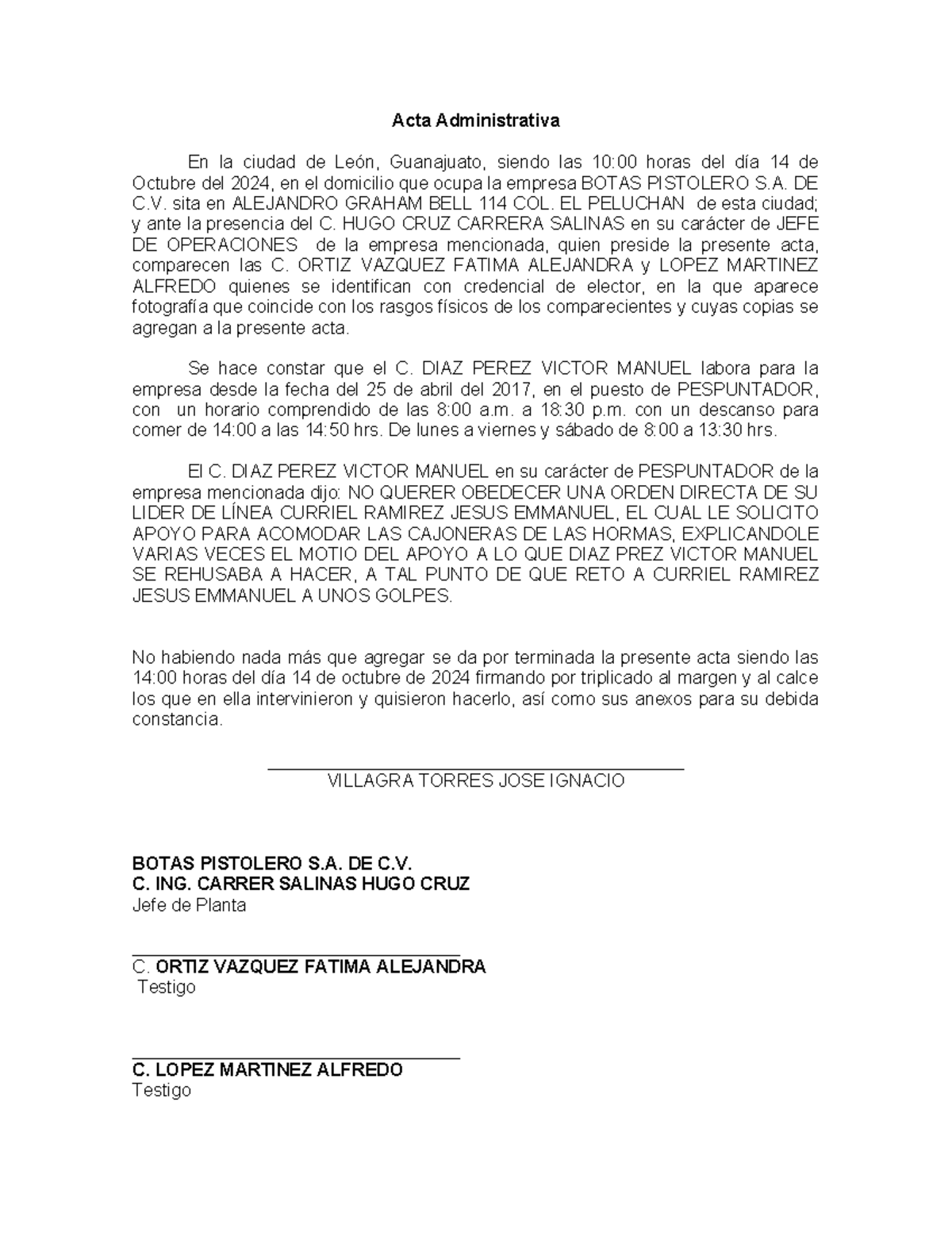 Acta Administrativa de Incidencia Laboral - BOTAS PISTOLERO S.A. - Studocu