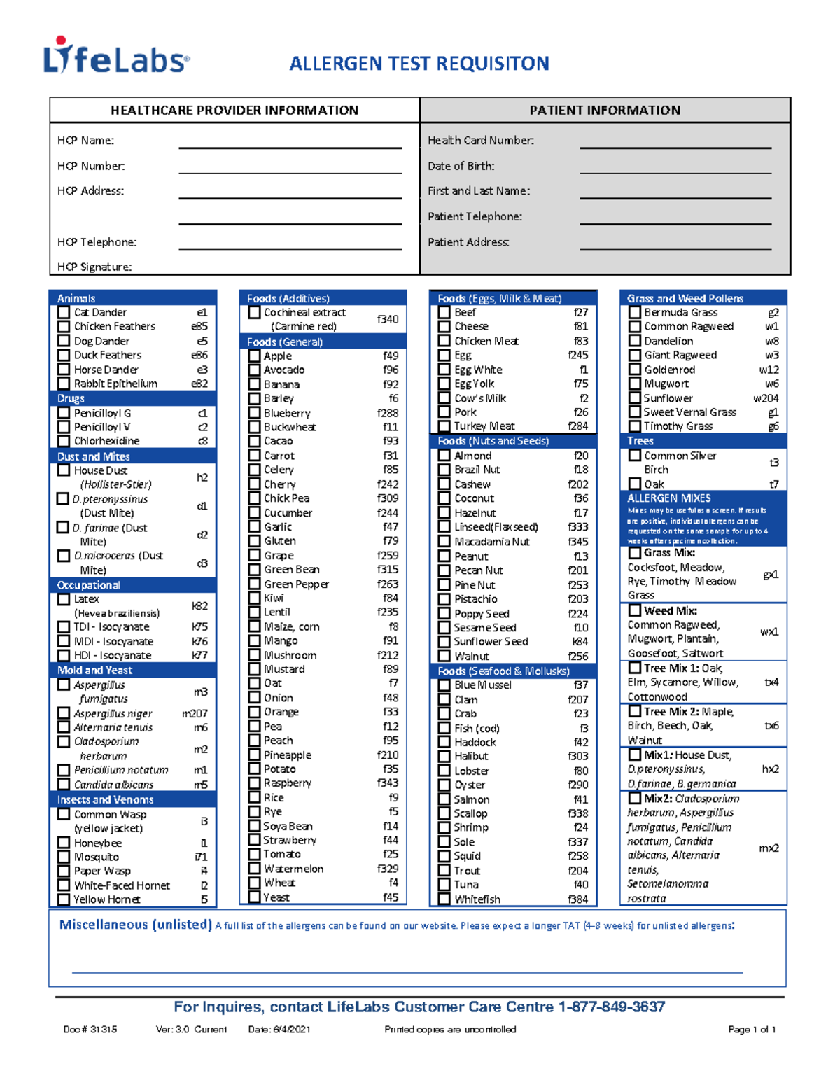Allergen Test Requisition - LifeLabs Document #31315 Ver: 3.0 - Studocu