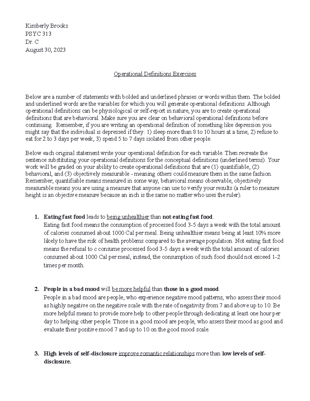 PSYC 313: Behavioral Operational Definitions Exercises - Studocu