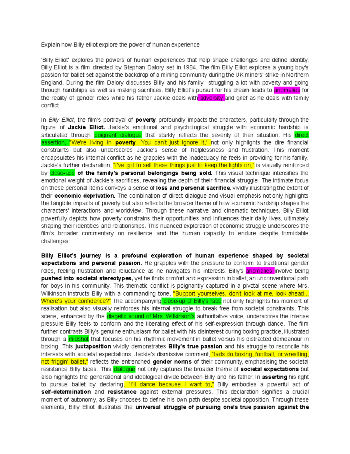 Billy Elliot (ENG 101) Essay: Exploring Human Experience and Identity ...