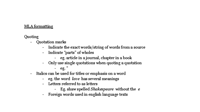 ENG - MLA Formatting Notes for Citing Sources and Quotations - Studocu