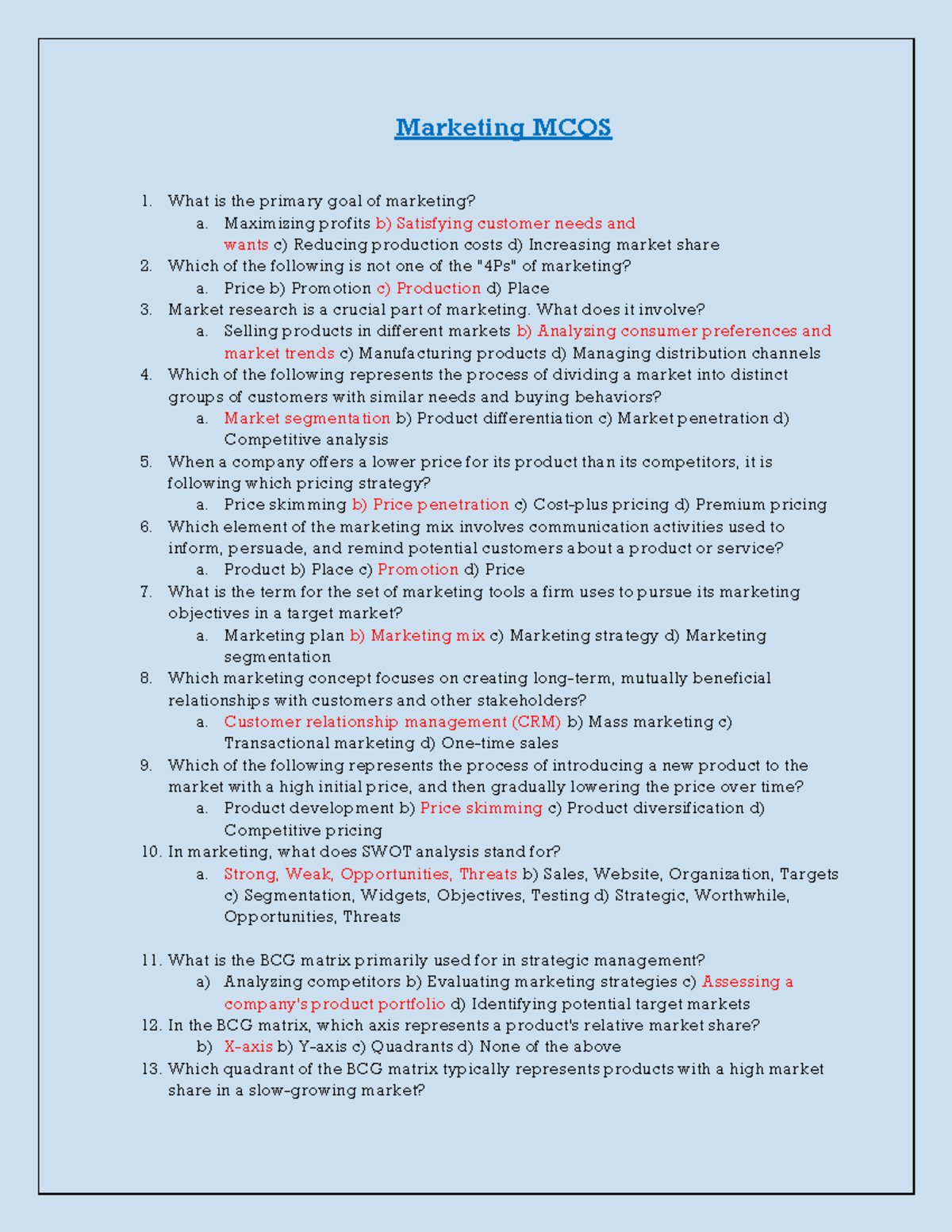 Marketing MCQs: Key Concepts and Strategies for Success - Studocu