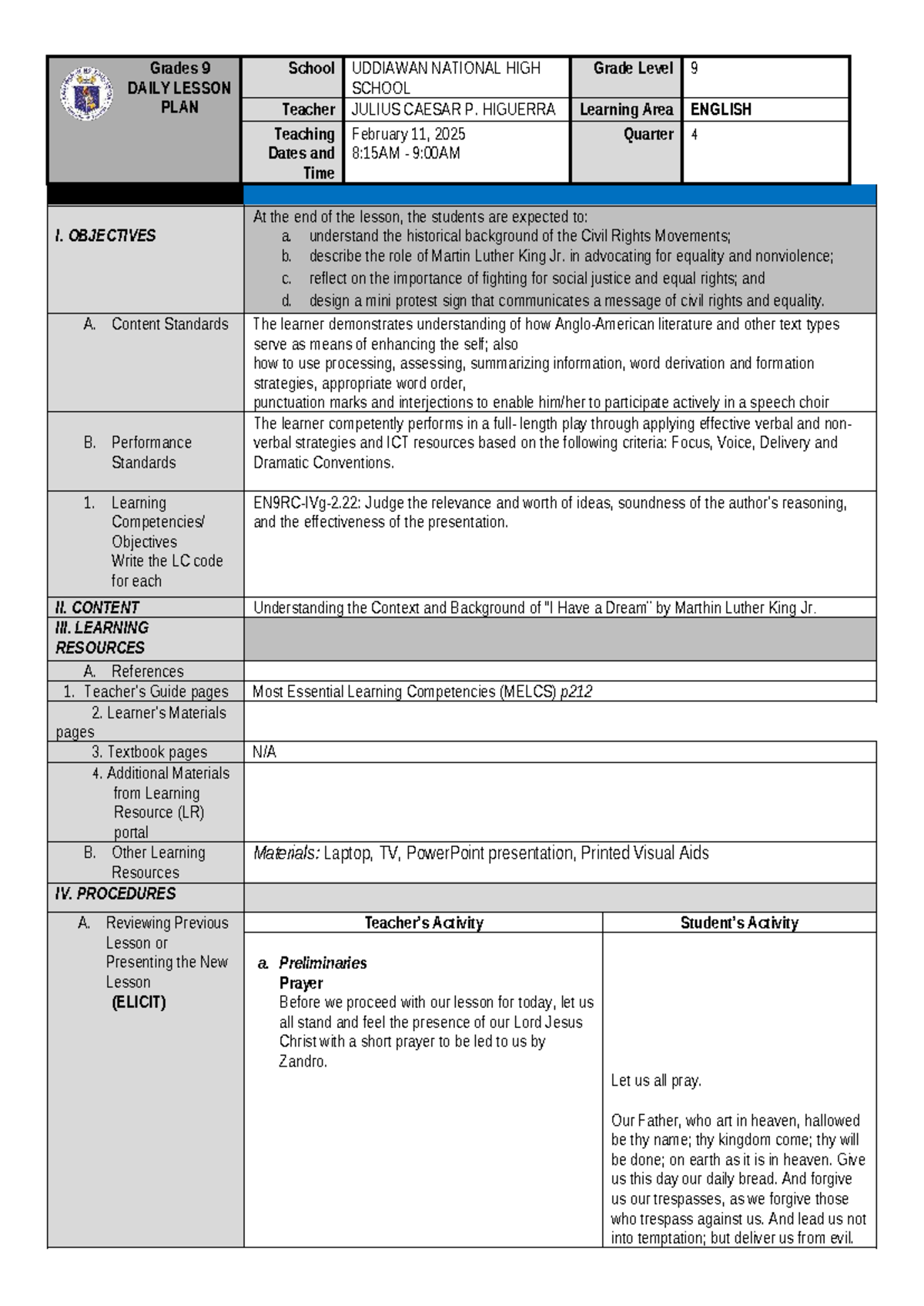 Grades 9 English Q4 Daily Lesson Plan: Civil Rights Movement & MLK Jr ...