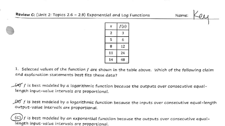 Review C: (Unit 2: Topics 2.6-2.13) Exponential & Log Functions Key ...