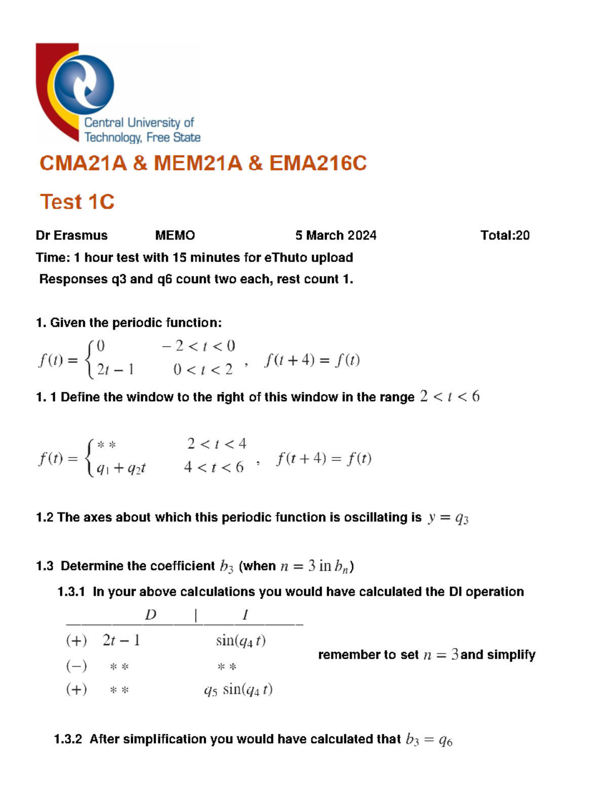 CT1 M3 2024 Memo - engineering maths - Dr Erasmus MEMO 5 March 2024 ...